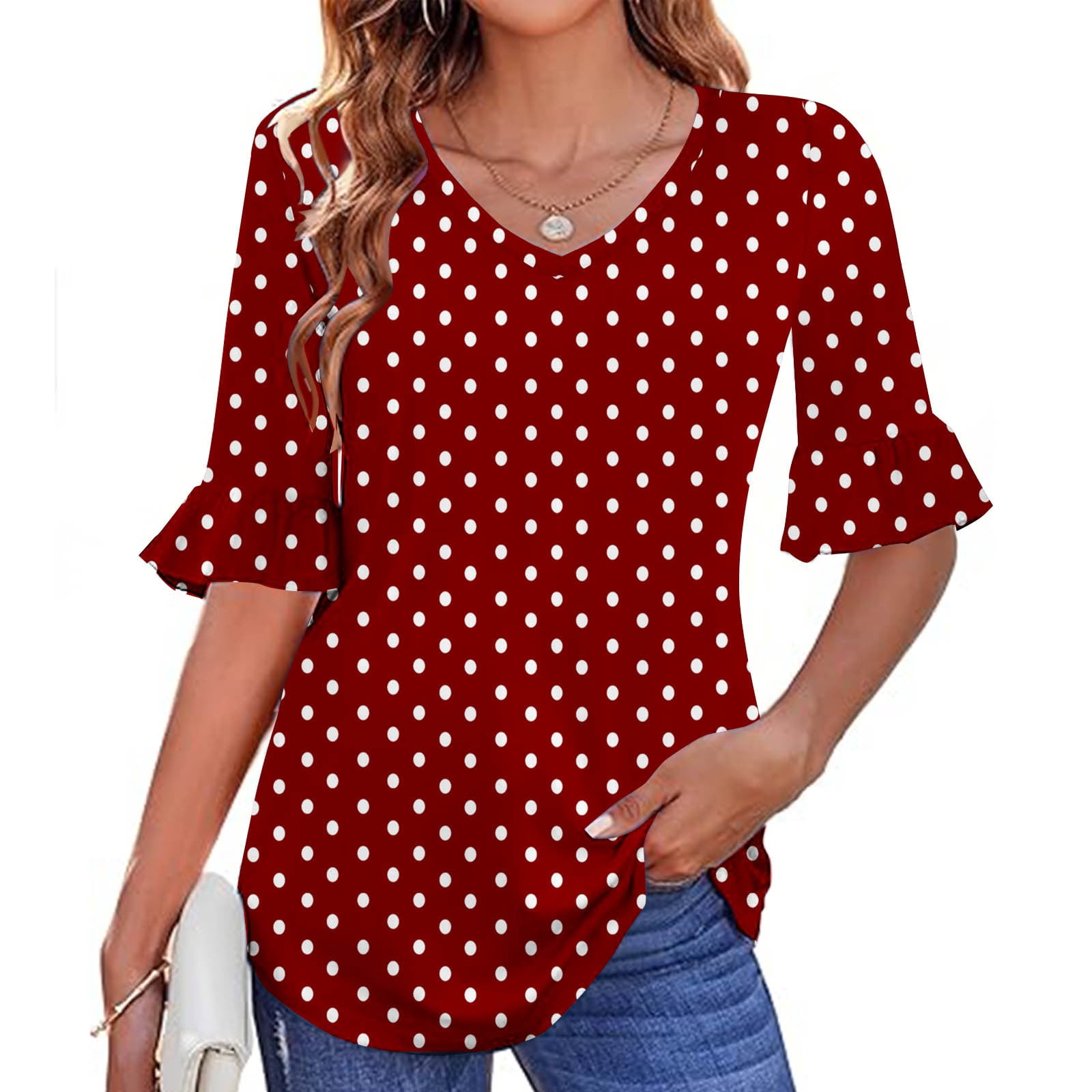 CHGBMOK Womens Ruffle Sleeve Blouses V Neck T Shirts Polka Dots Casual ...