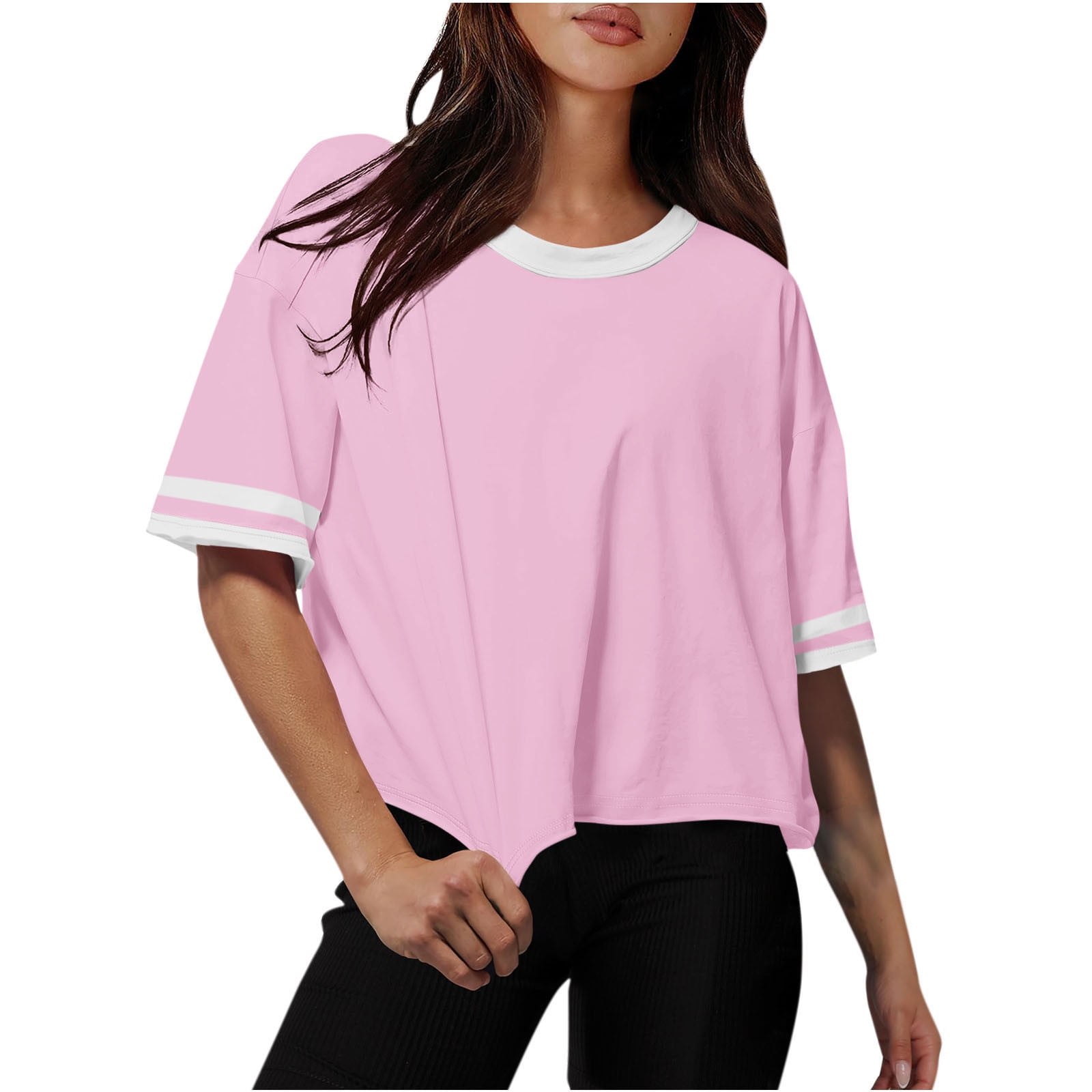 CHGBMOK Womens Shirts Drop Shoulder Round Neck Oversized Crop Workout ...