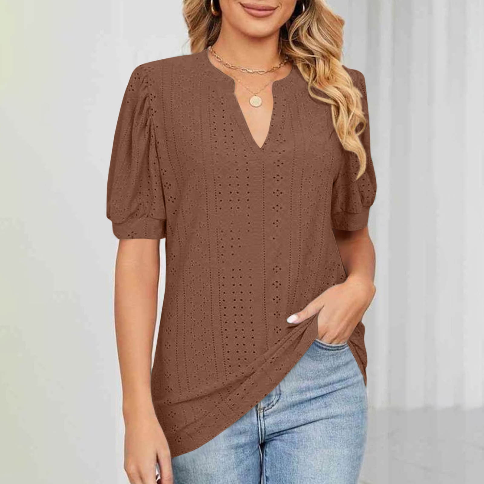CHGBMOK Womens Short Sleeve Blouses V-Neck Fashion Casual Court Lock ...