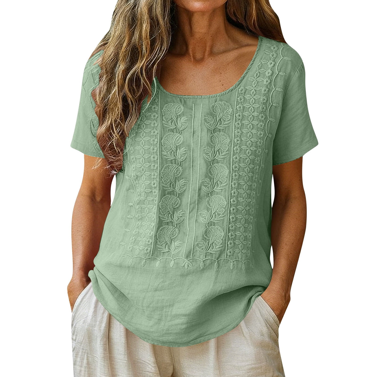 CHGBMOK Womens Short Sleeve Tops Cotton Linen Shirts Embroidered Crew ...