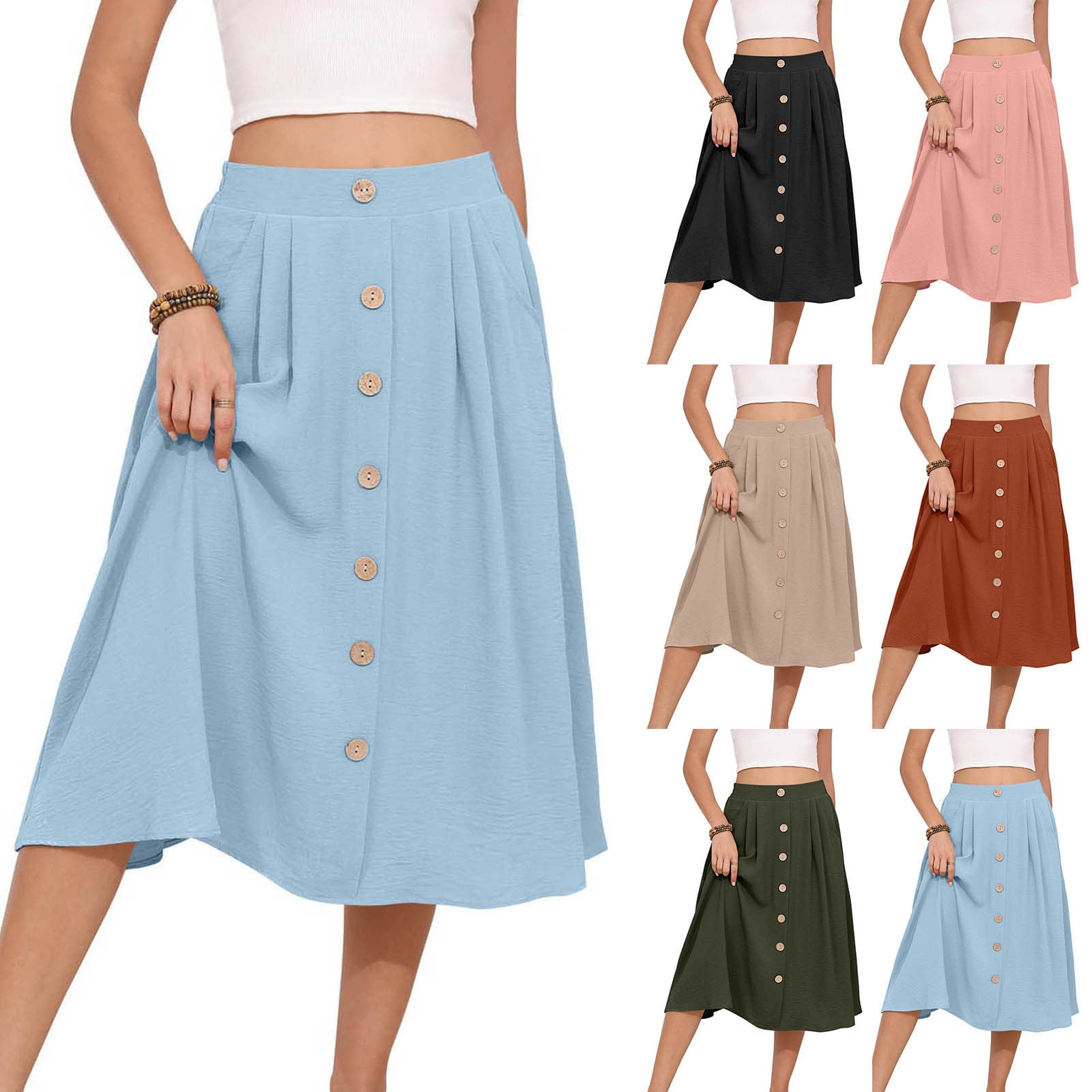 CHGBMOK Womens Summer Skirts Casual Front Button A-Line High Waisted ...