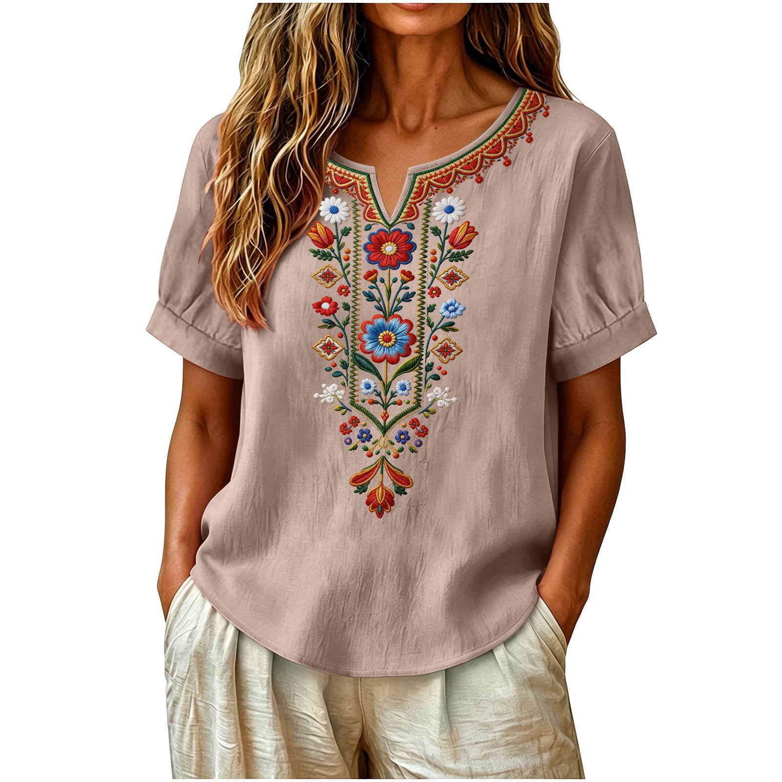 CHGBMOK Womens Summer Tops Boho Embroidered V Neck T Shirts Cotton ...