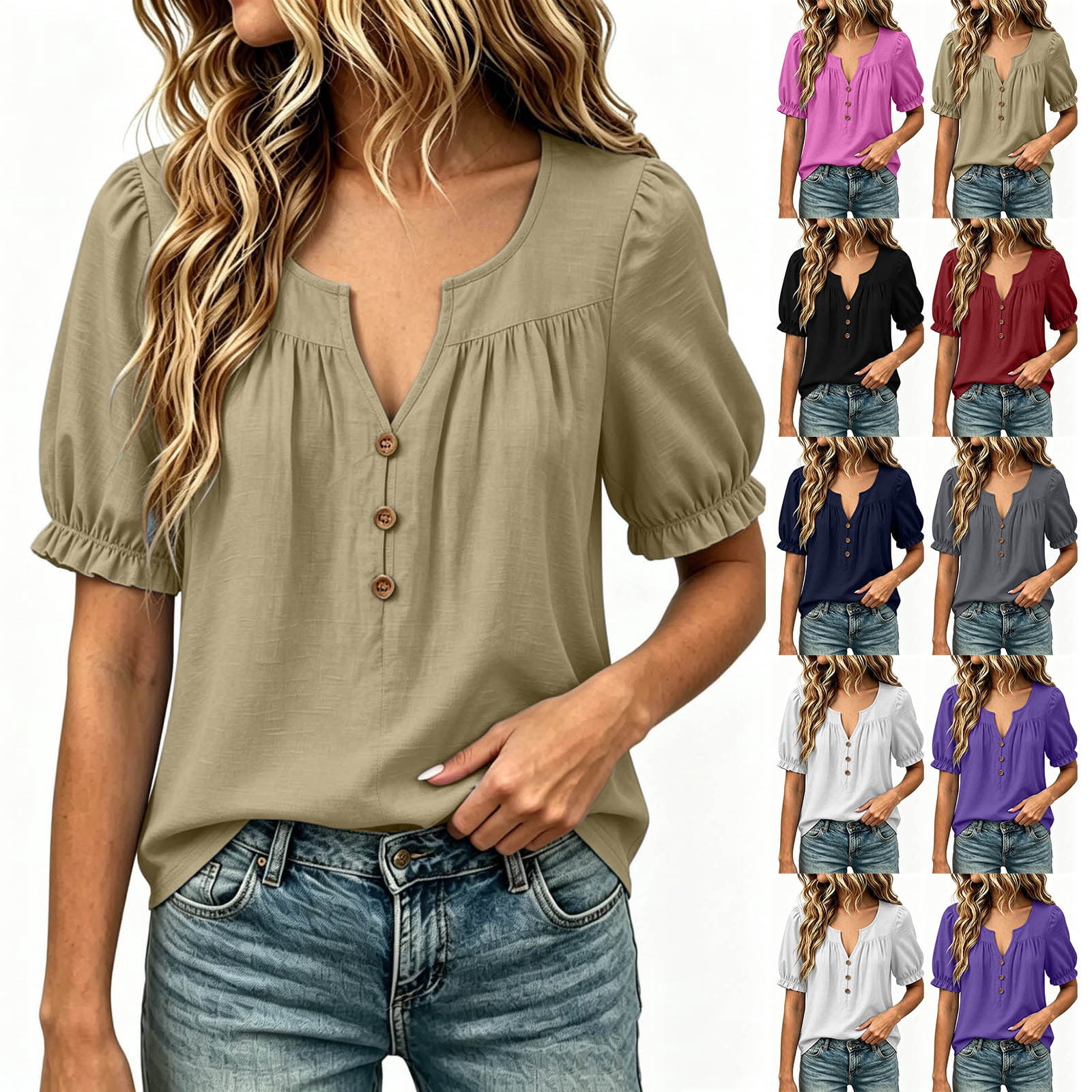 CHGBMOK Womens Summer Tops Short Sleeve Shirts Puff Ruffle Sleeve Scoop ...