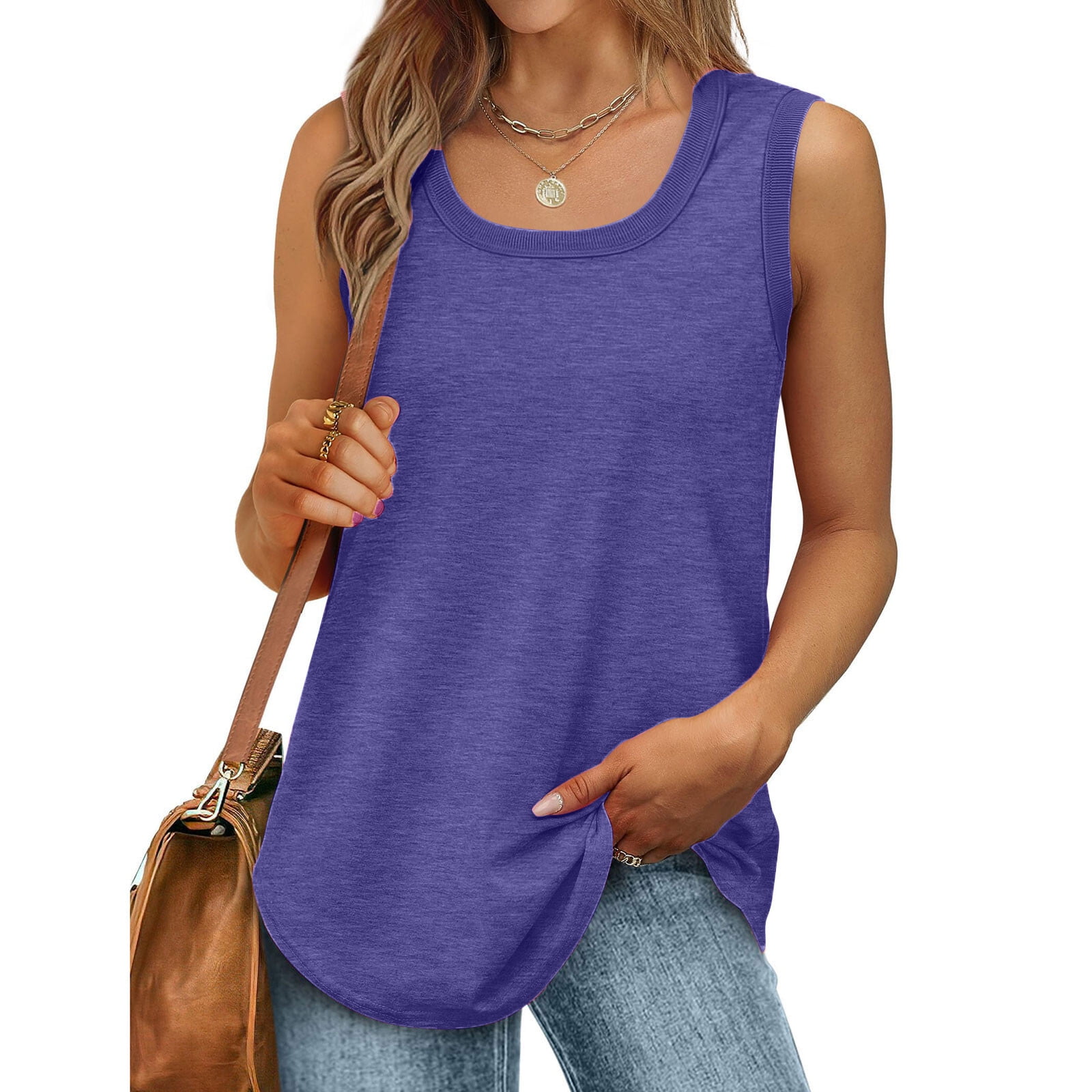 CHGBMOK Womens Tank Tops Summer Loose Sleeveless Tops Ribbed Trim Scoop ...