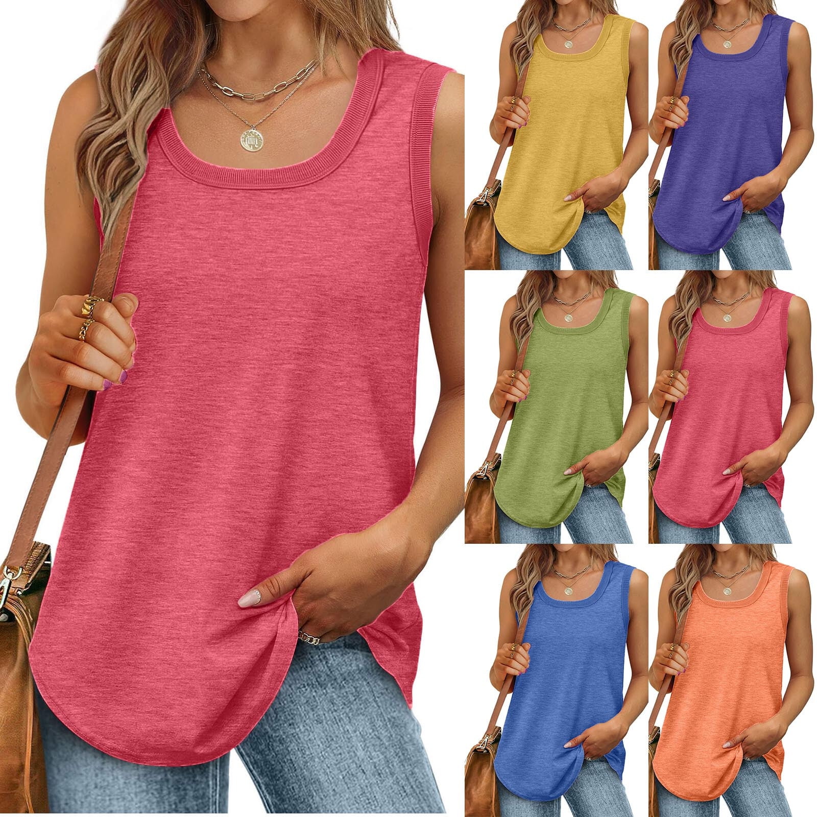 CHGBMOK Womens Tank Tops Summer Loose Sleeveless Tops Ribbed Trim Scoop ...