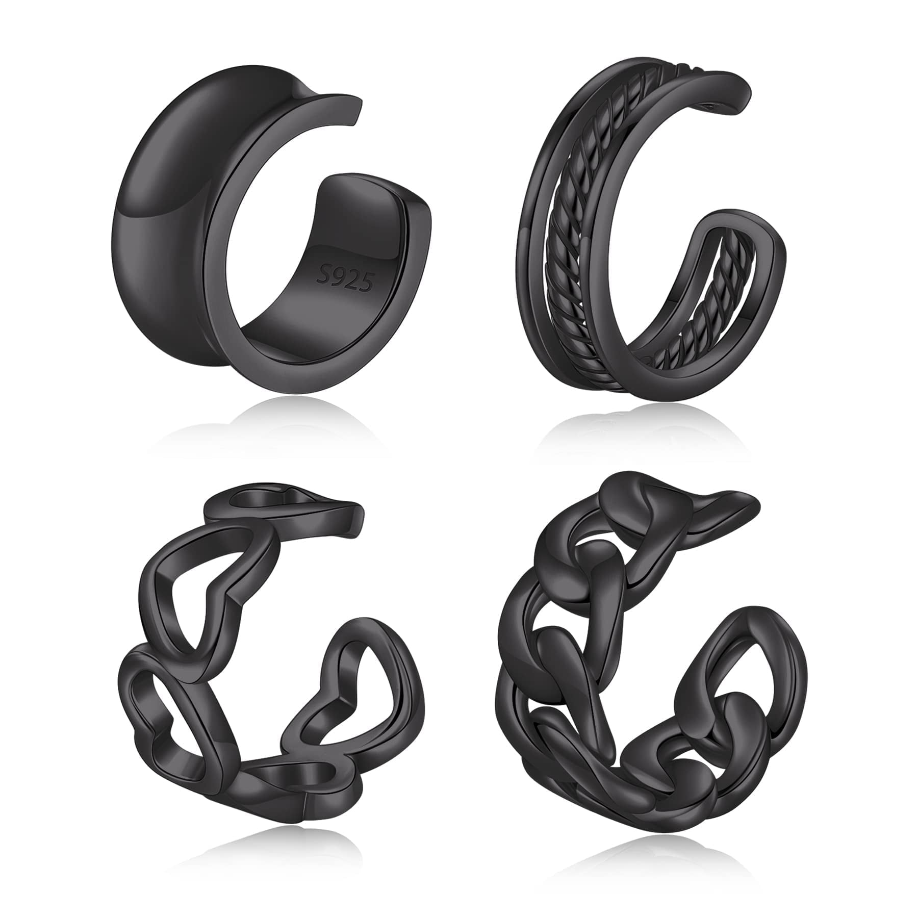 Chic & Artsy Ear Cuffs 925 Sterling Silver No Piercing Black Ear Cuff ...