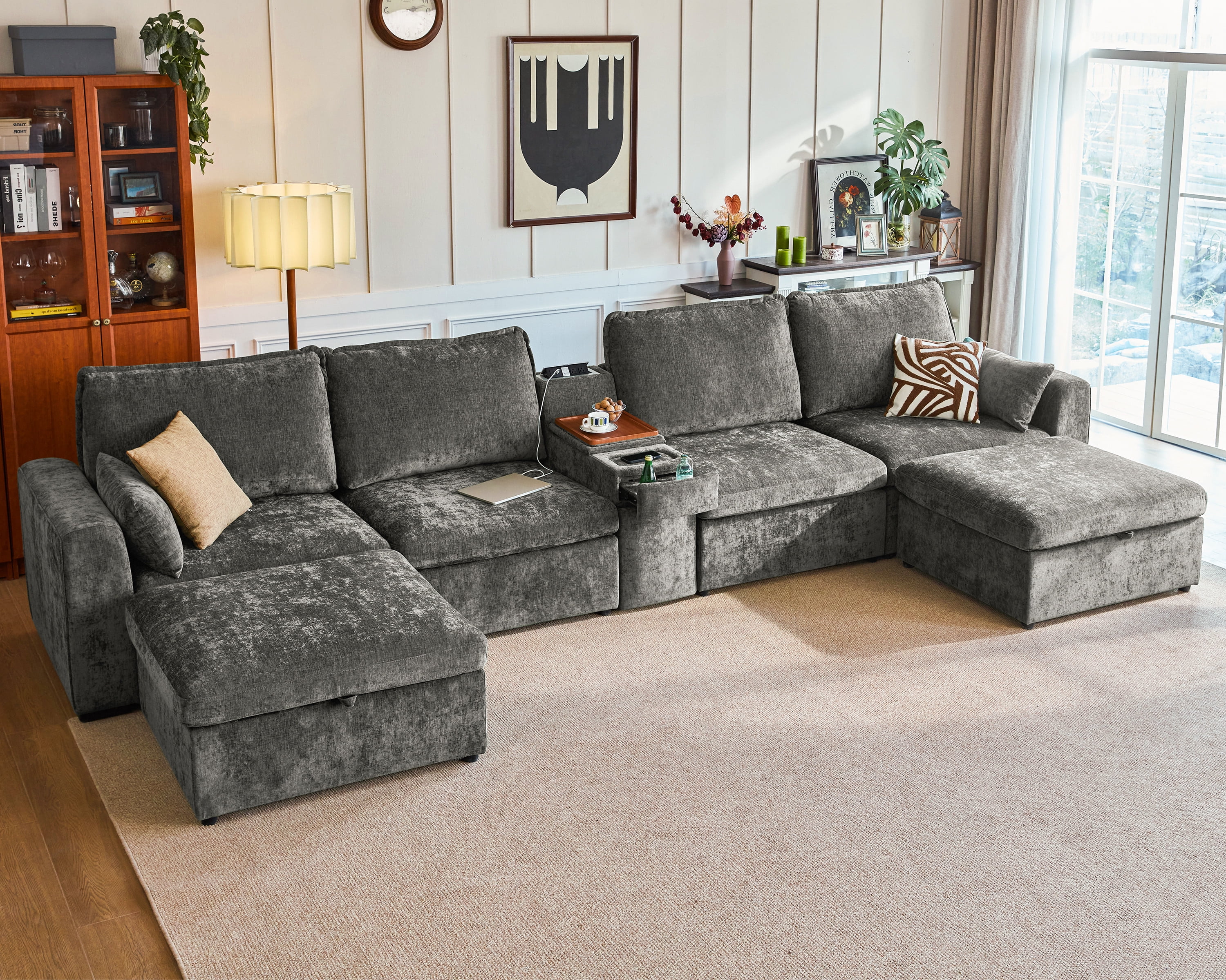 CHIC HOUSE 174.4"U-Shaped Oversized Modular Sectional Sofa 6-Seater Convertible Cloud Couch with ...