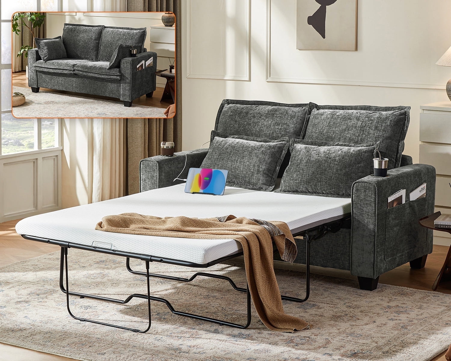 CHIC HOUSE Full Size Sleeper Sofa Bed with Pull-Out Memory Foam ...