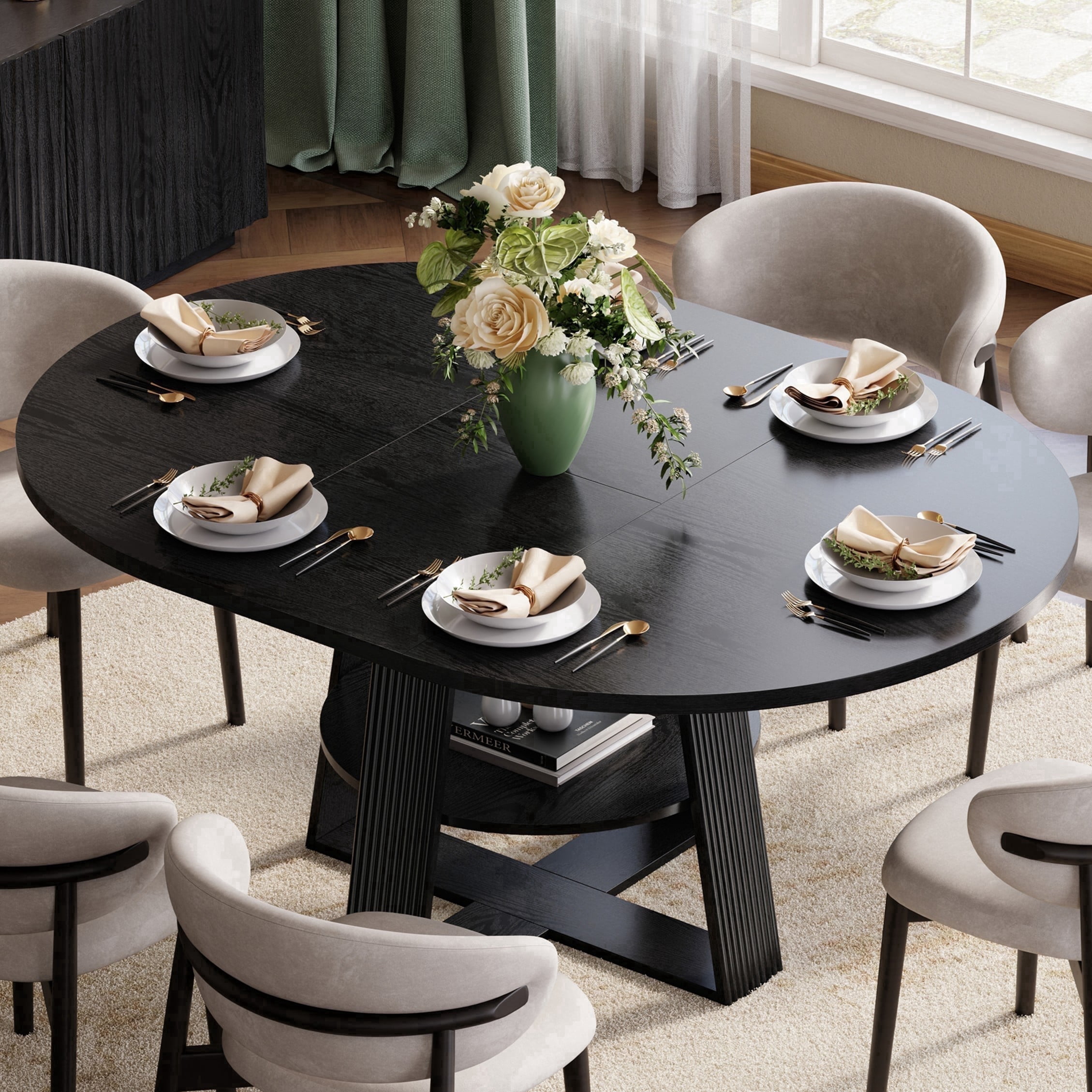 CHIC HOUSE 59" Extendable Round Dining Table for 4 to 6 with Storage ...