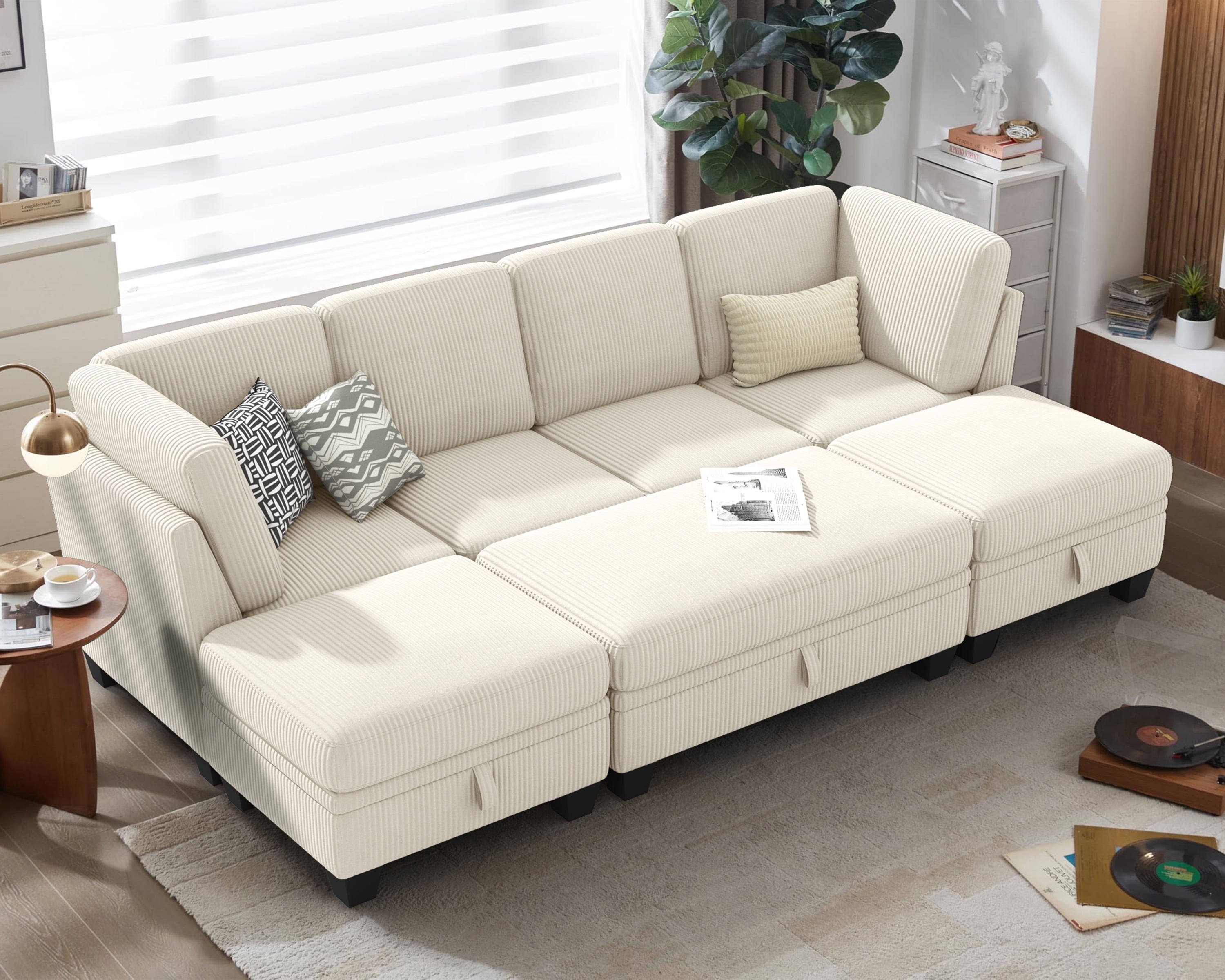 CHIC HOUSE Cloud Couch Corduroy Modular Sectional Sofa with Ottoman L ...