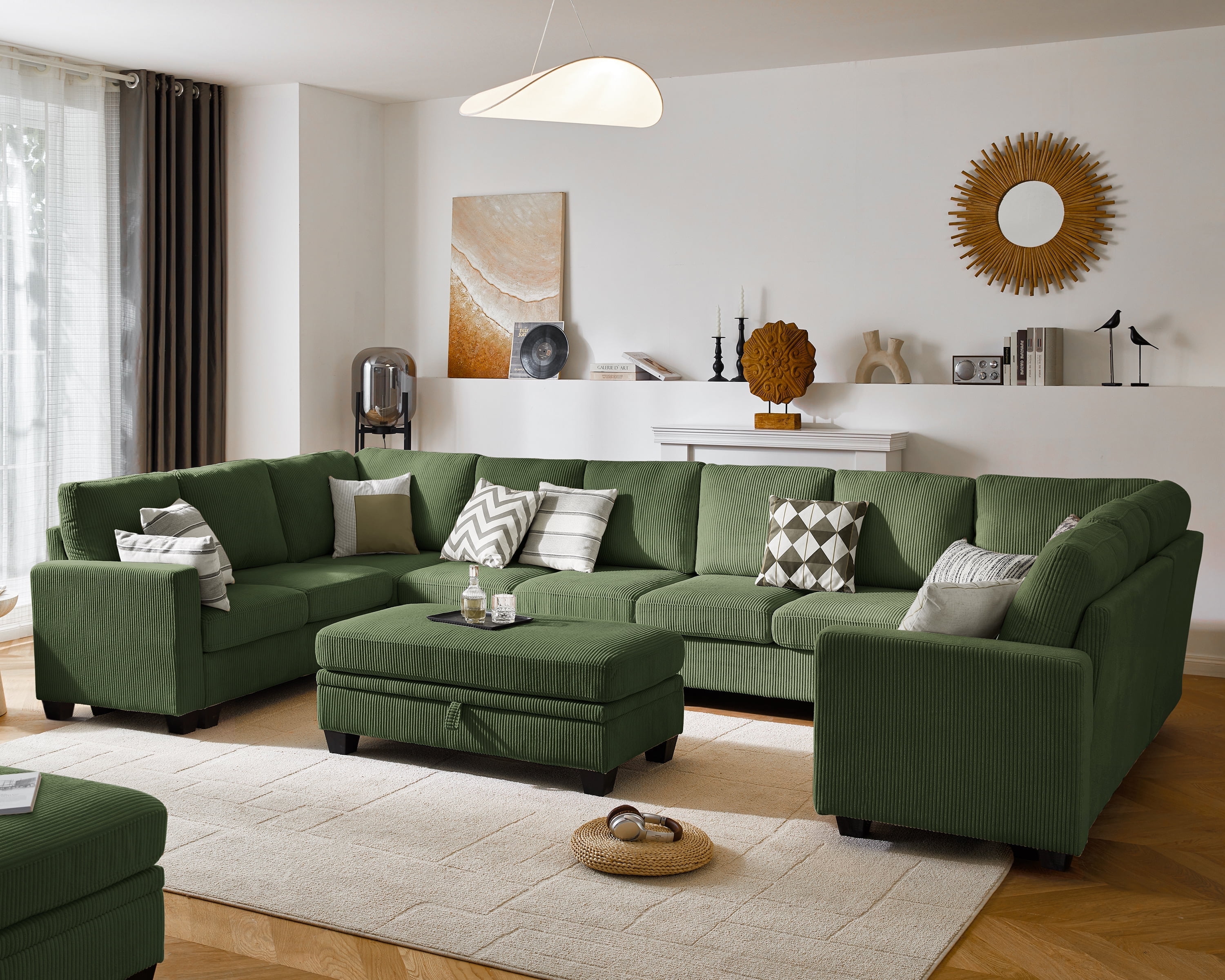 CHIC HOUSE L-Shaped Modular Sectional Sofa, Green Corduroy, Cloud ...