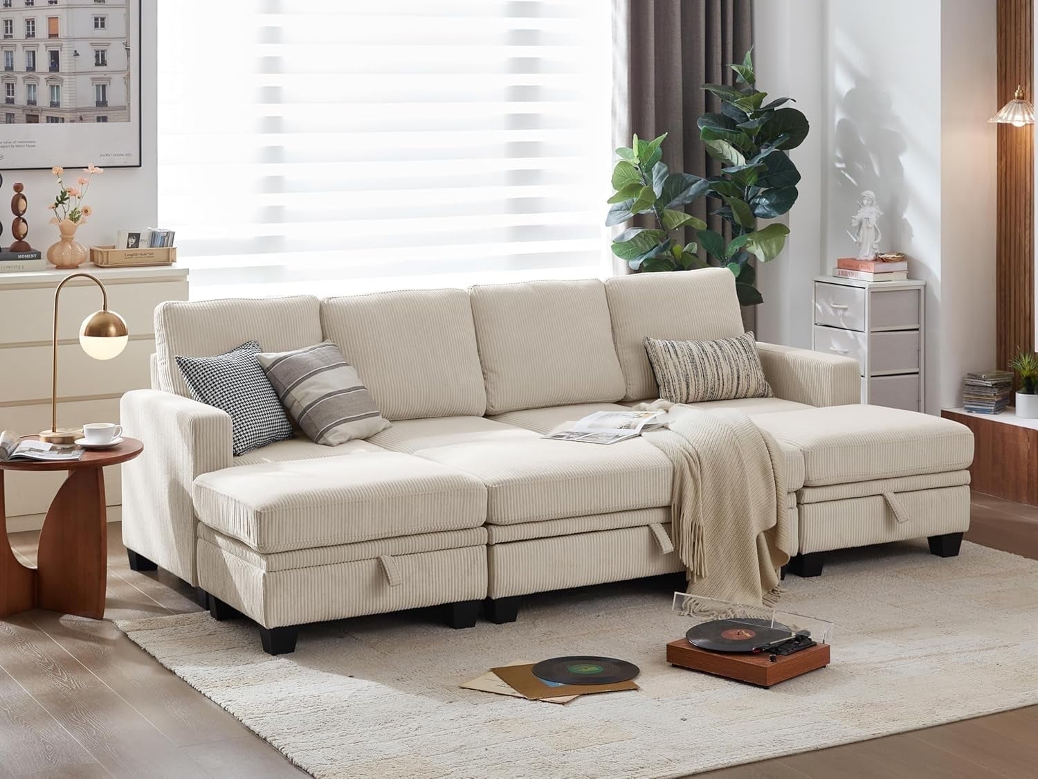 CHIC HOUSE 101" Sectional Sofa with Storage Ottoman Chaise, Corduroy ...