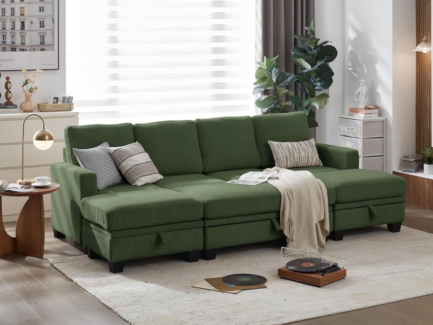 CHIC HOUSE Convertible Modular Sectional Sofa with Ottomans Corduroy ...