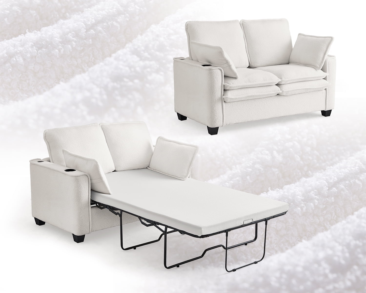 CHIC HOUSE Convertible Pull-Out Sleeper Sofa, Boucle Fabric 2-in-1 ...