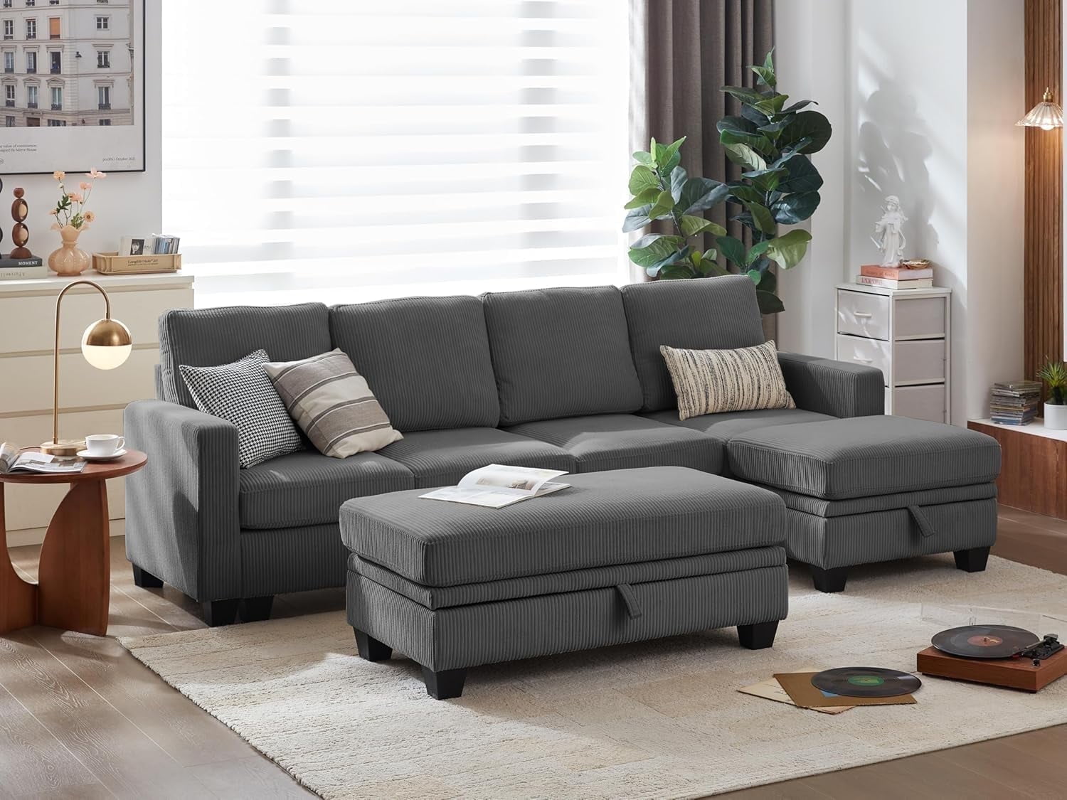 CHIC HOUSE Convertible Modular Sectional Sofa with Ottomans Corduroy ...