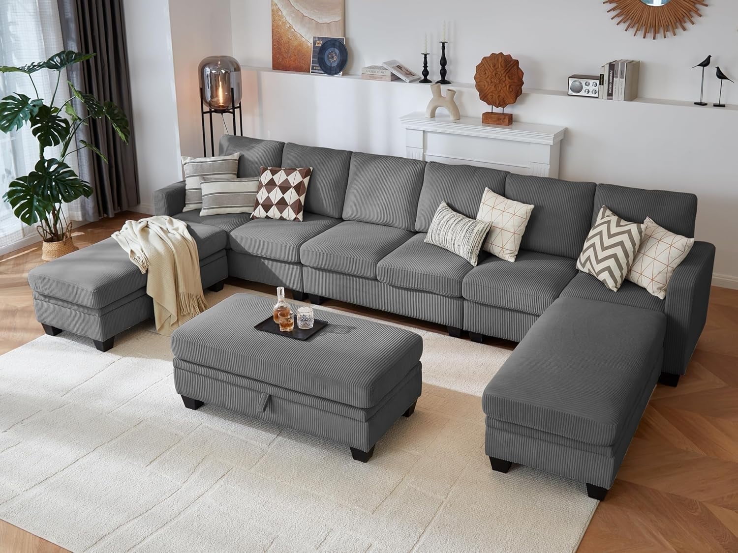 CHIC HOUSE Convertible Modular Sectional Sofa with Ottomans Corduroy ...