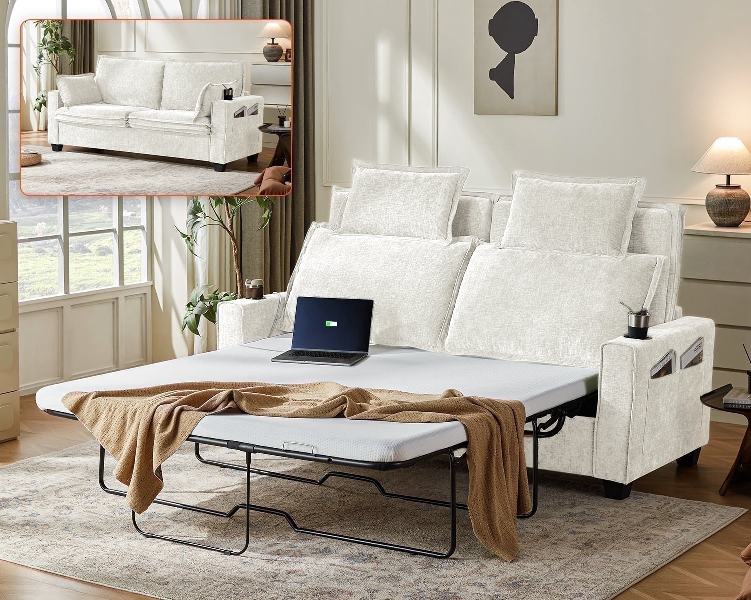 CHIC HOUSE Queen Sleeper Sofa Bed Pull Out Couch with Mattress USB ...