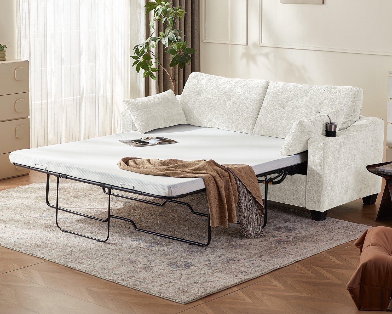 CHIC HOUSE Pull Out Sofa Bed Couch Queen Size with Mattress USB ...