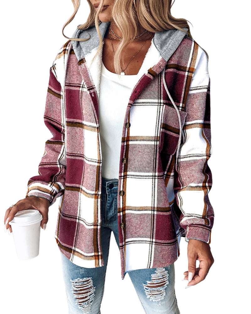 CHICME Jackets for Women Plaid Print Hooded Long Sleeve Shacket Fleece ...