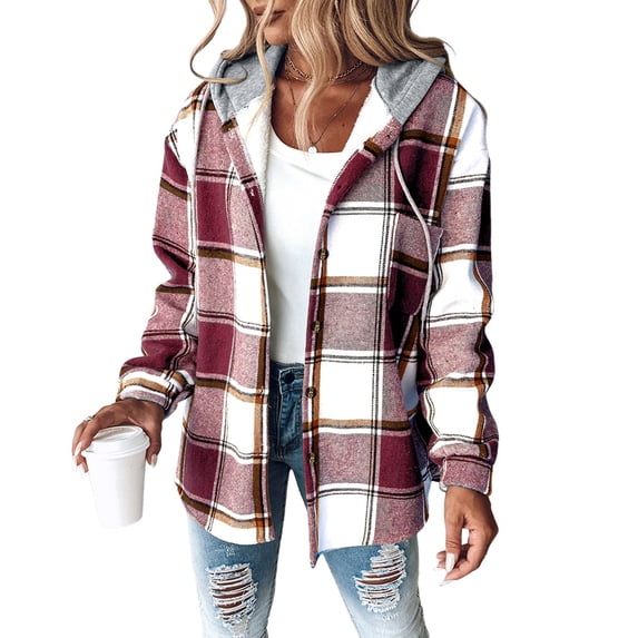 CHICME Jackets for Women Plaid Print Hooded Long Sleeve Shacket Fleece ...