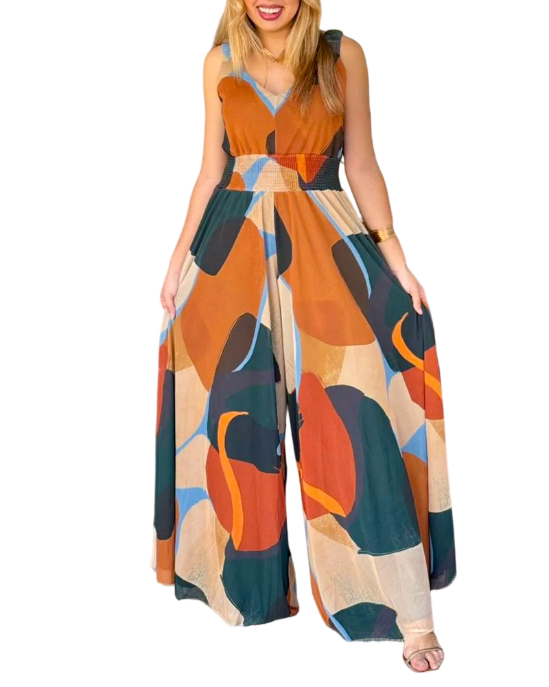 CHICME Women’s Jumpsuit Abstract Print V Neck Sleeveless Backless High ...