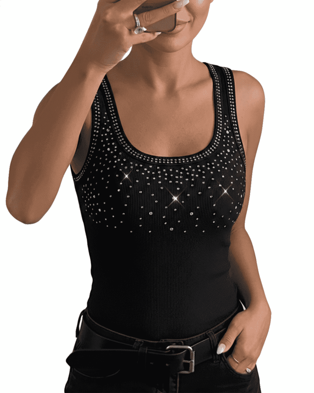Chicme Tank Tops For Women Rhinestone Solid Color Sleeveless Ribbed
