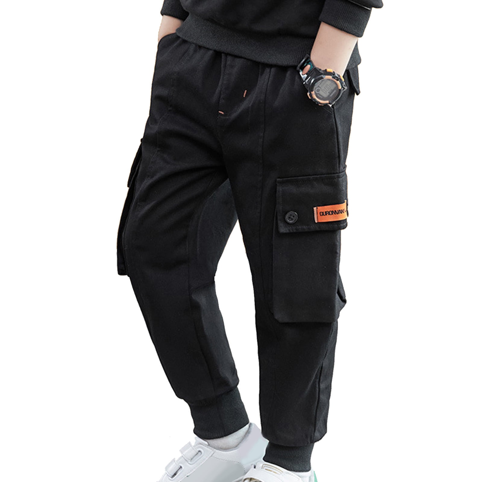 CHICTRY Boys Solid Color Cargo Pants Jogger Dungarees Sweatpants Black ...