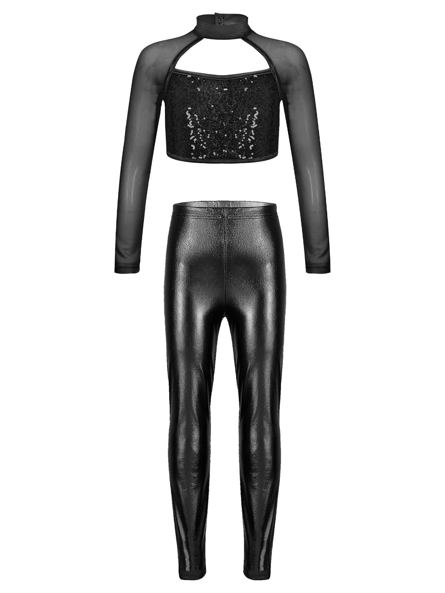 CHICTRY Girls 2Pcs Long Sleeve Dance Outfit Shiny Sequins Cutout Crop ...