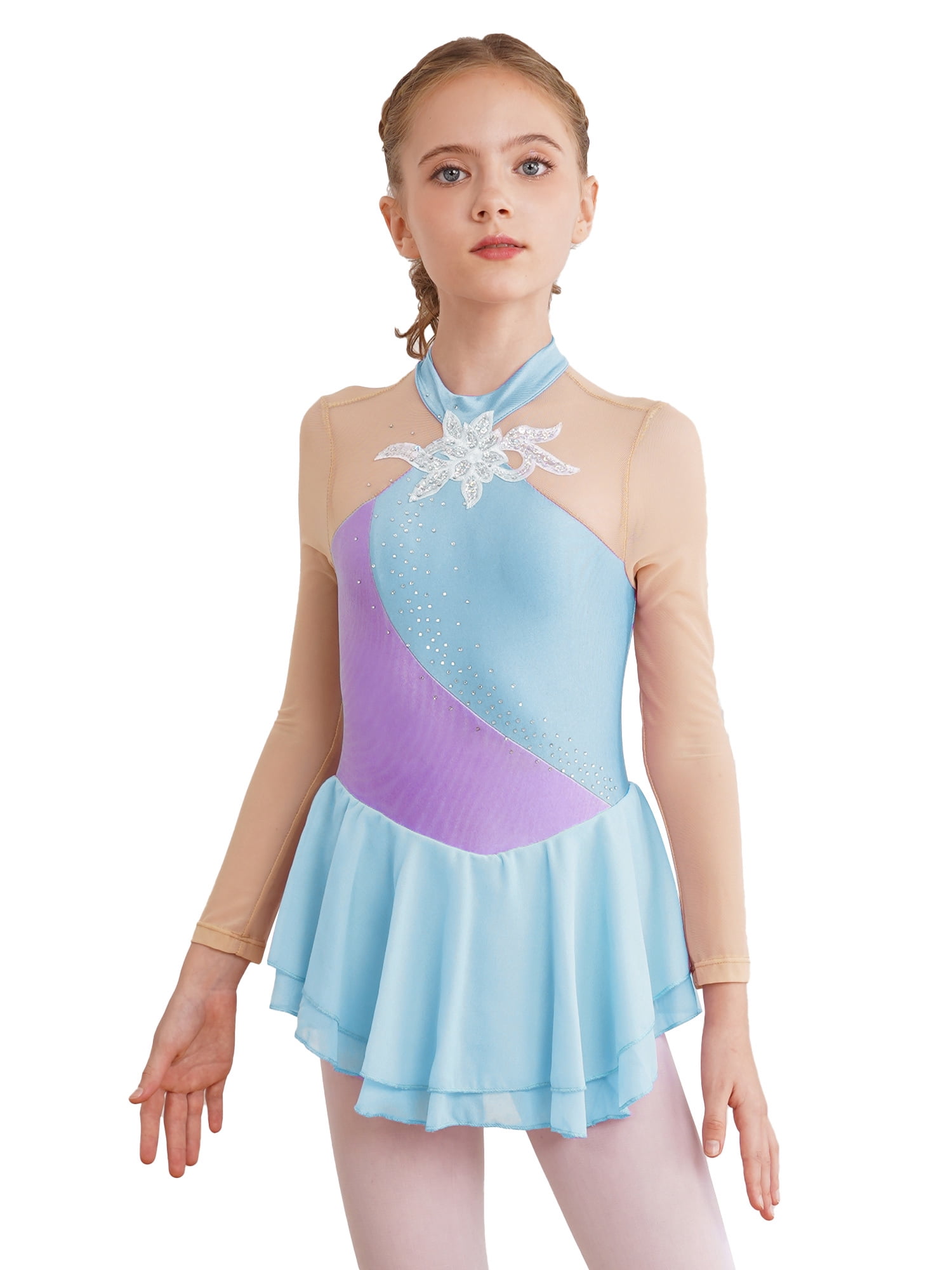 CHICTRY Girls Figure Ice Skating Dress Sequins Floral Long Sleeve Dance ...