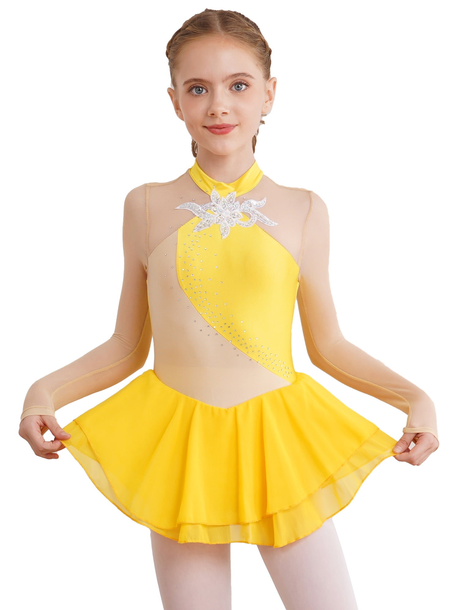 CHICTRY Girls Figure Ice Skating Dress Sequins Floral Long Sleeve Dance ...