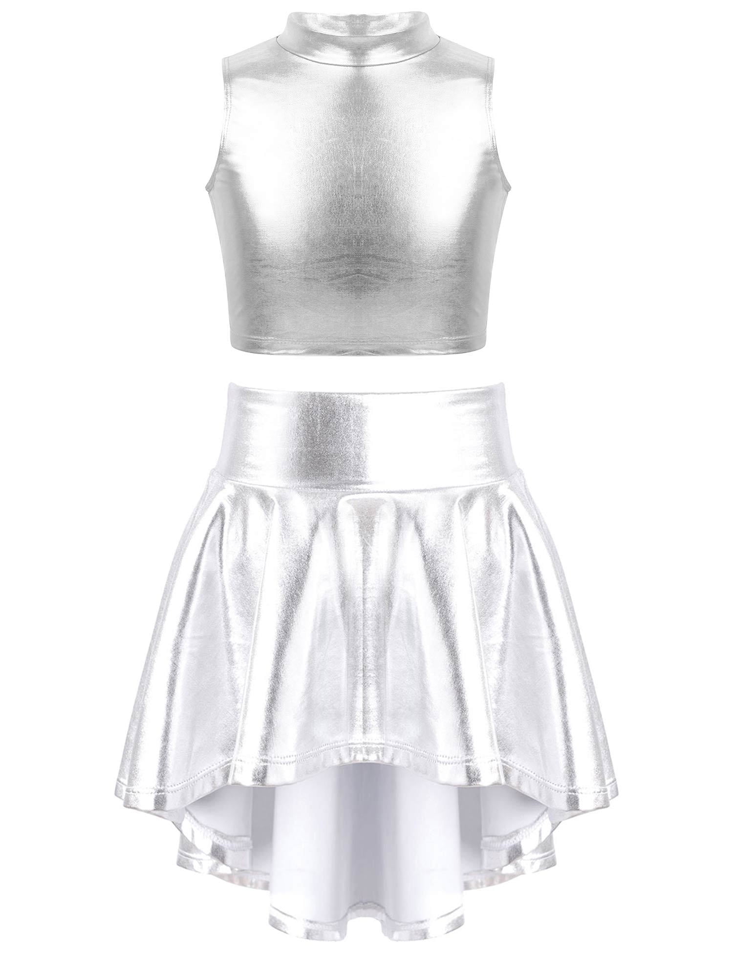 CHICTRY Girls Glossy Metallic Crop Tank Top with Pleated Skirt Teens ...