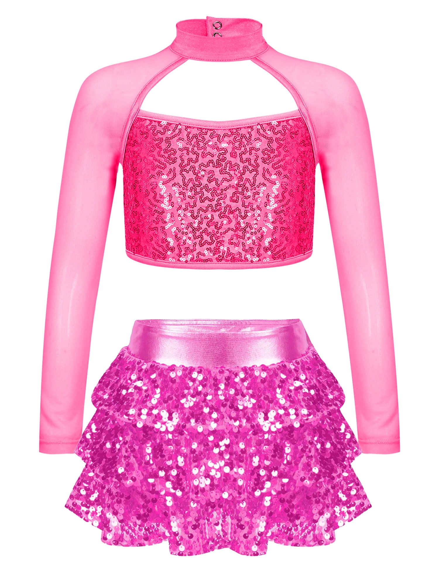 CHICTRY Girls Latin Jazz Dance Outfit Shiny Sequins Long Sleeve Crop ...