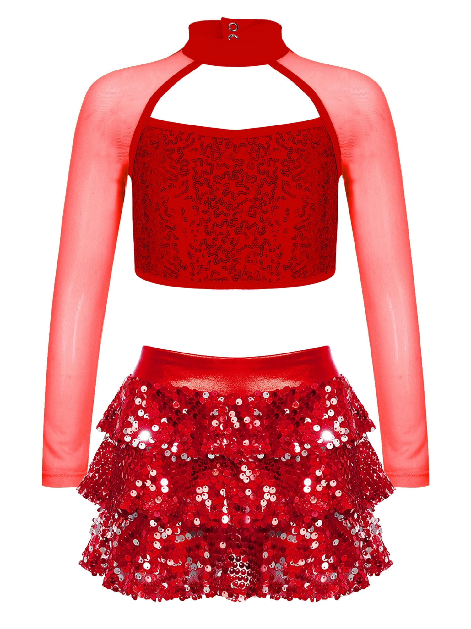 CHICTRY Girls Latin Jazz Dance Outfit Shiny Sequins Long Sleeve Crop ...