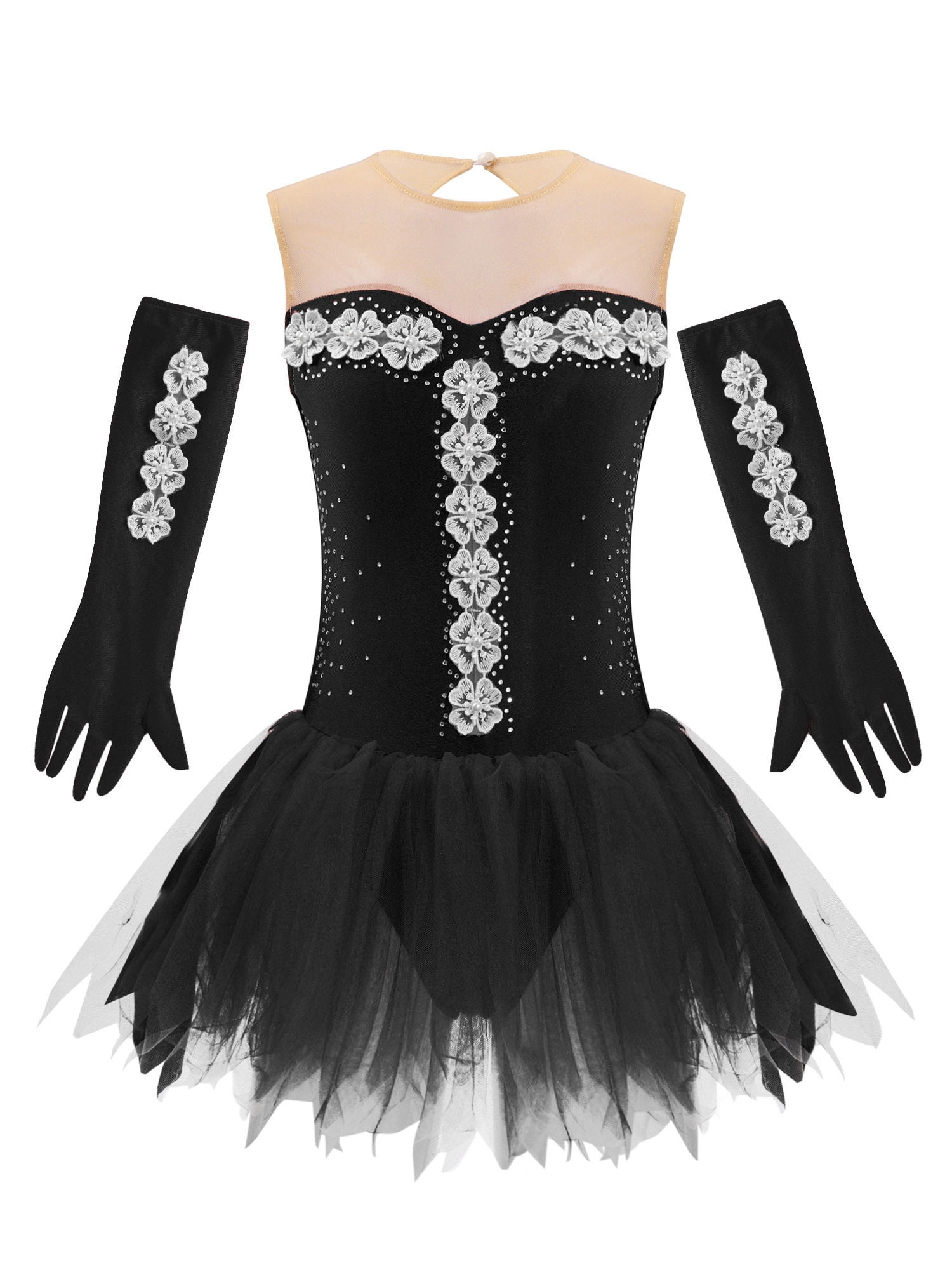 CHICTRY Girls Mesh Splice Figure Skating Dance Dress with Gloves Shiny ...