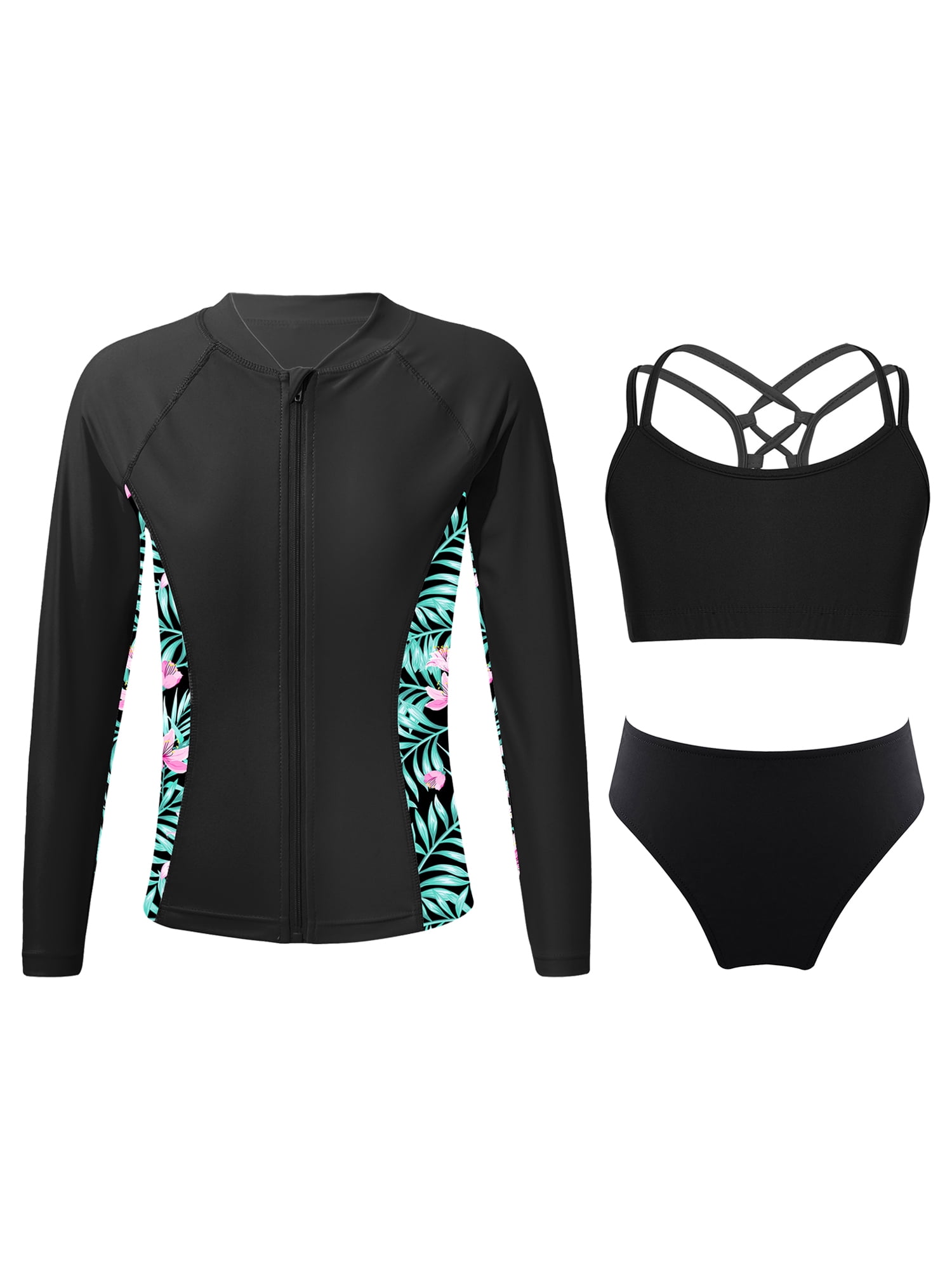 CHICTRY Girls Rash Guard Set Long Sleeve Zipper Tops with Strappy Crop ...