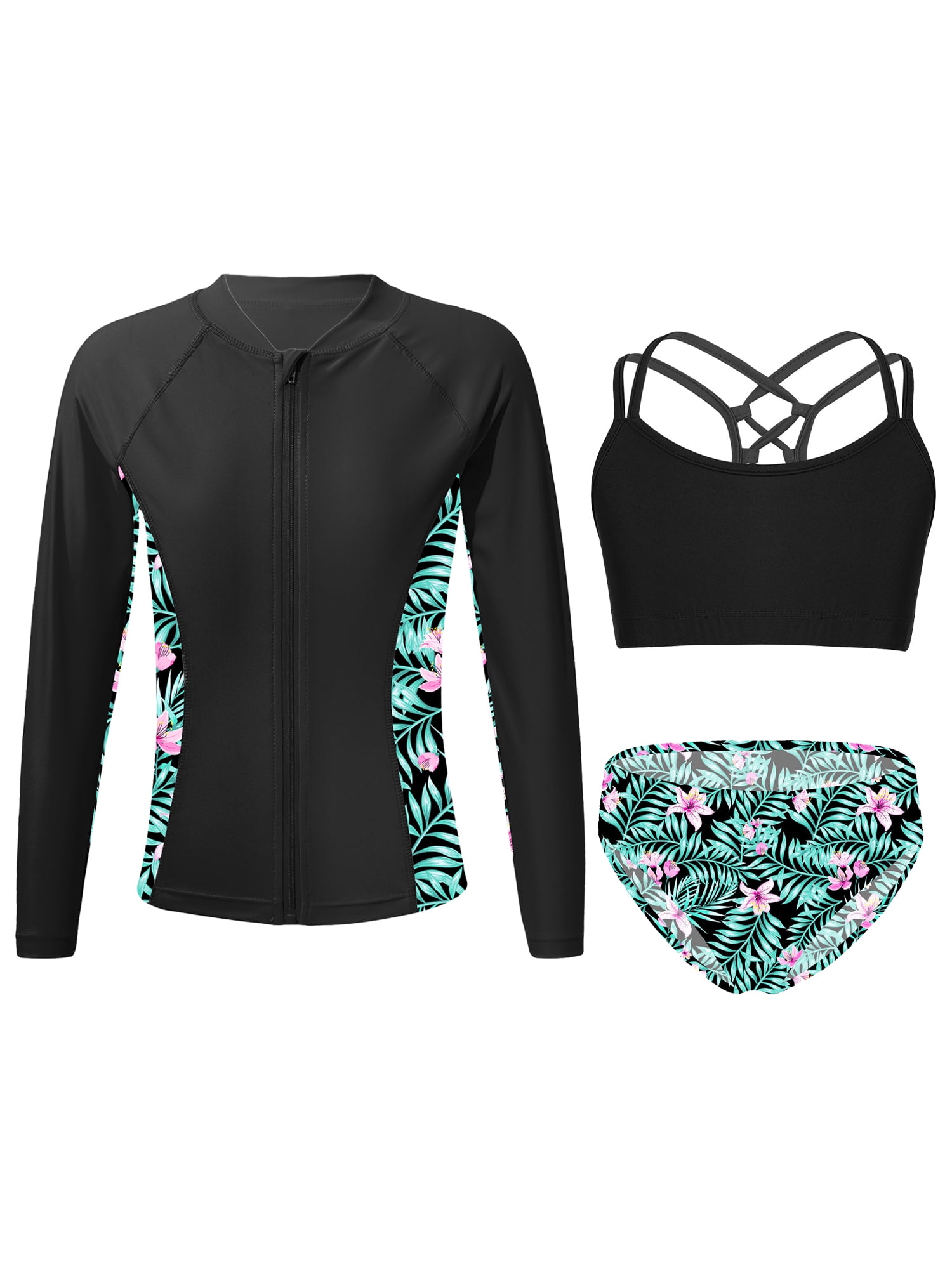 CHICTRY Girls Rash Guard Set Long Sleeve Zipper Tops with Strappy Crop ...