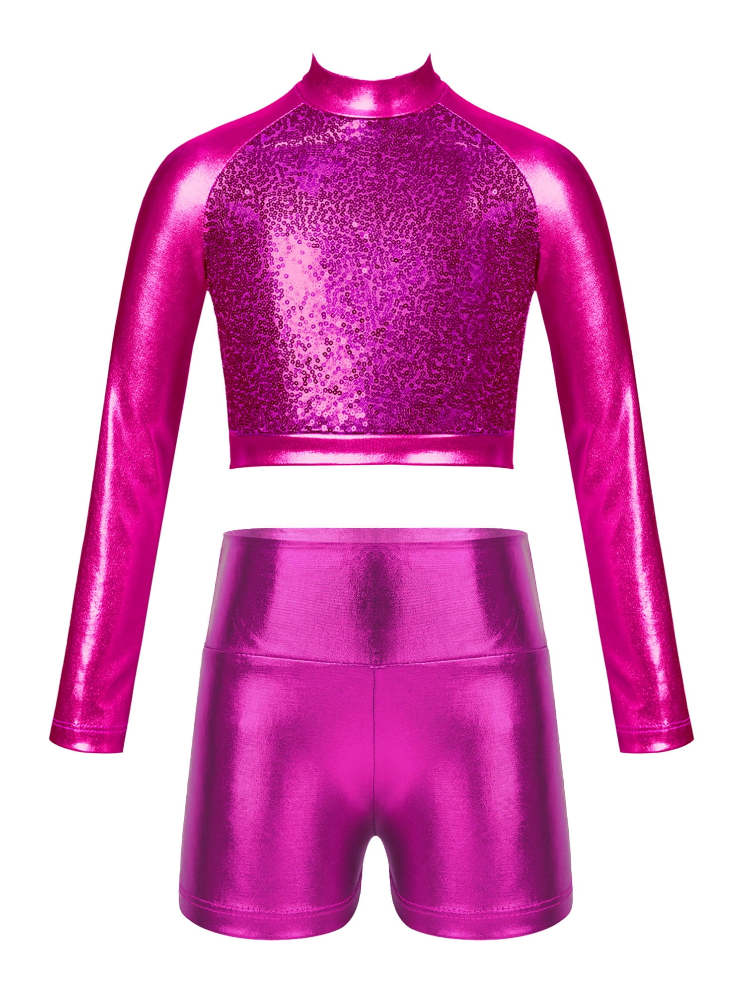 CHICTRY Girls Shiny Metallic Sports Suit Long Sleeve Crop Top with High ...