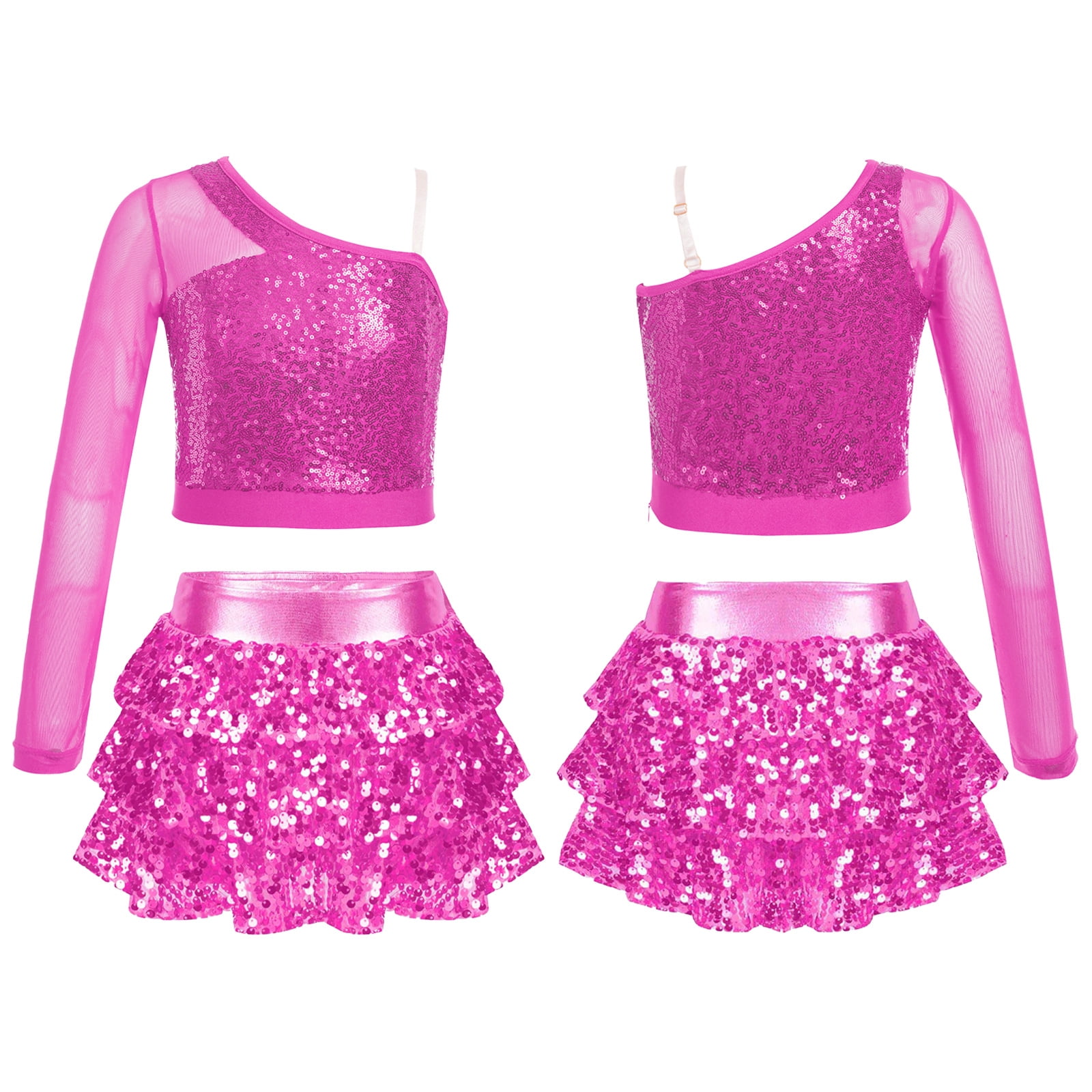 CHICTRY Kids Girls Jazz Dance Outfit Asymmetrical Metallic Sequins Tops ...