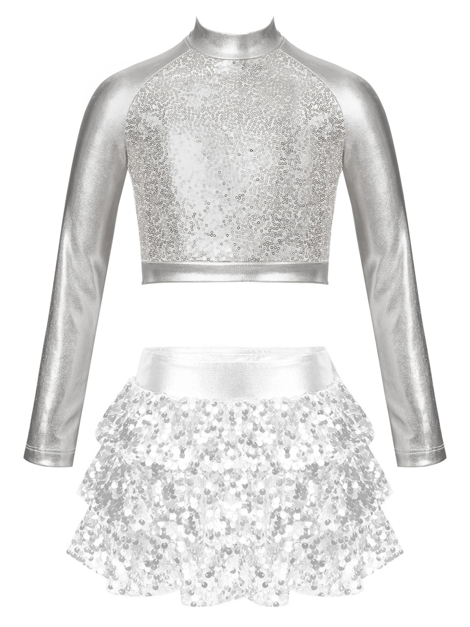 CHICTRY Kids Girls Jazz Dance Outfit Shiny Metallic Long Sleeve Crop ...
