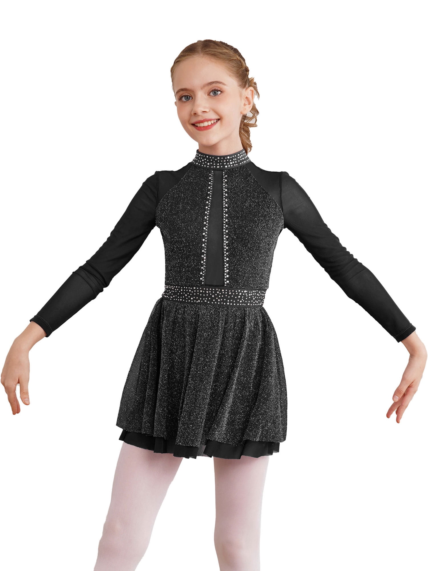 CHICTRY Kids Girls Shimmery Sequins Skating Dress Long Sleeve Backless ...