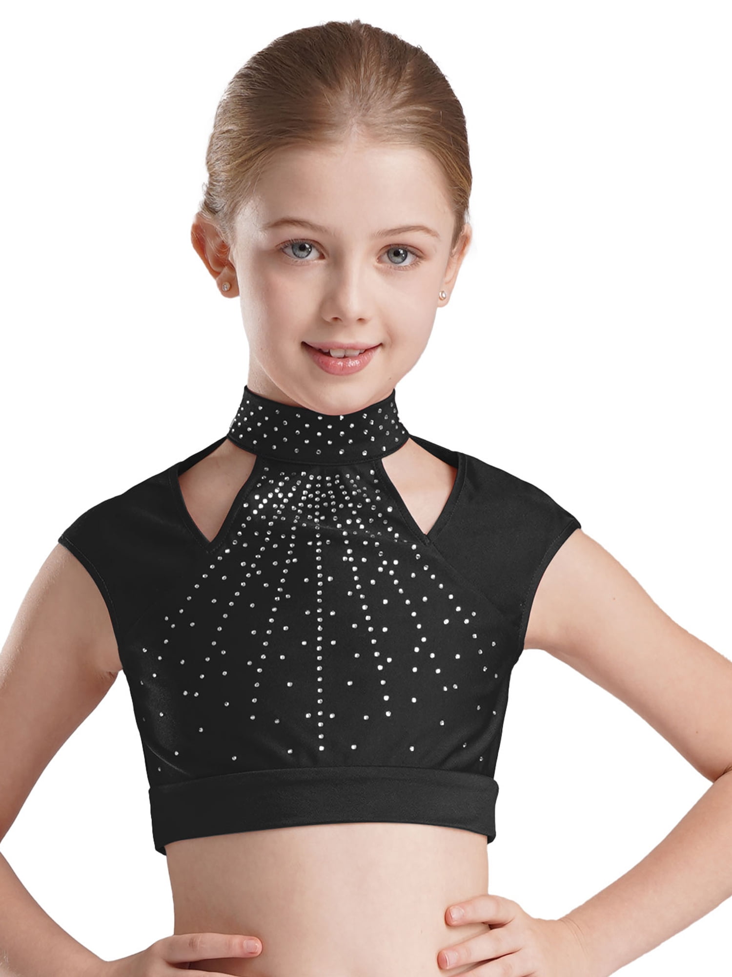 CHICTRY Kids Girls Shiny Rhinestone Mock Cutout Neck Dance Crop Top ...