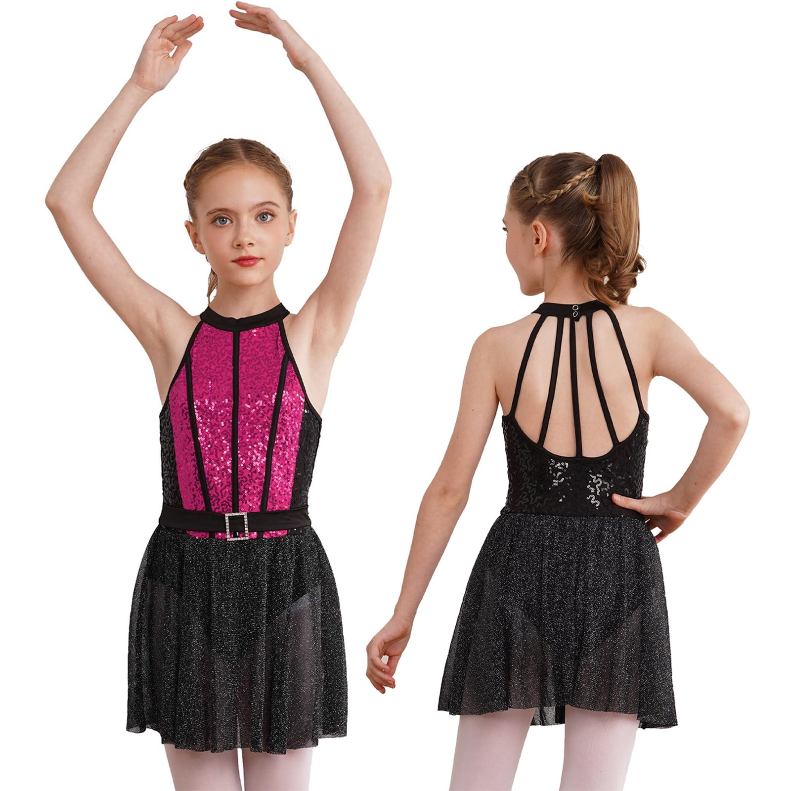 CHICTRY Kids Girls Shiny Sequins Figure Skating Dress Sleeveless ...