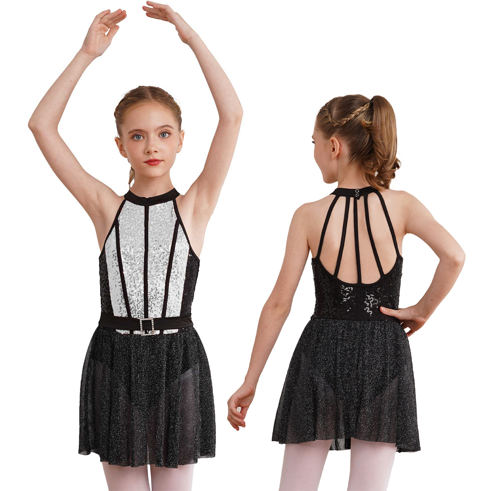 CHICTRY Kids Girls Shiny Sequins Figure Skating Dress Sleeveless ...