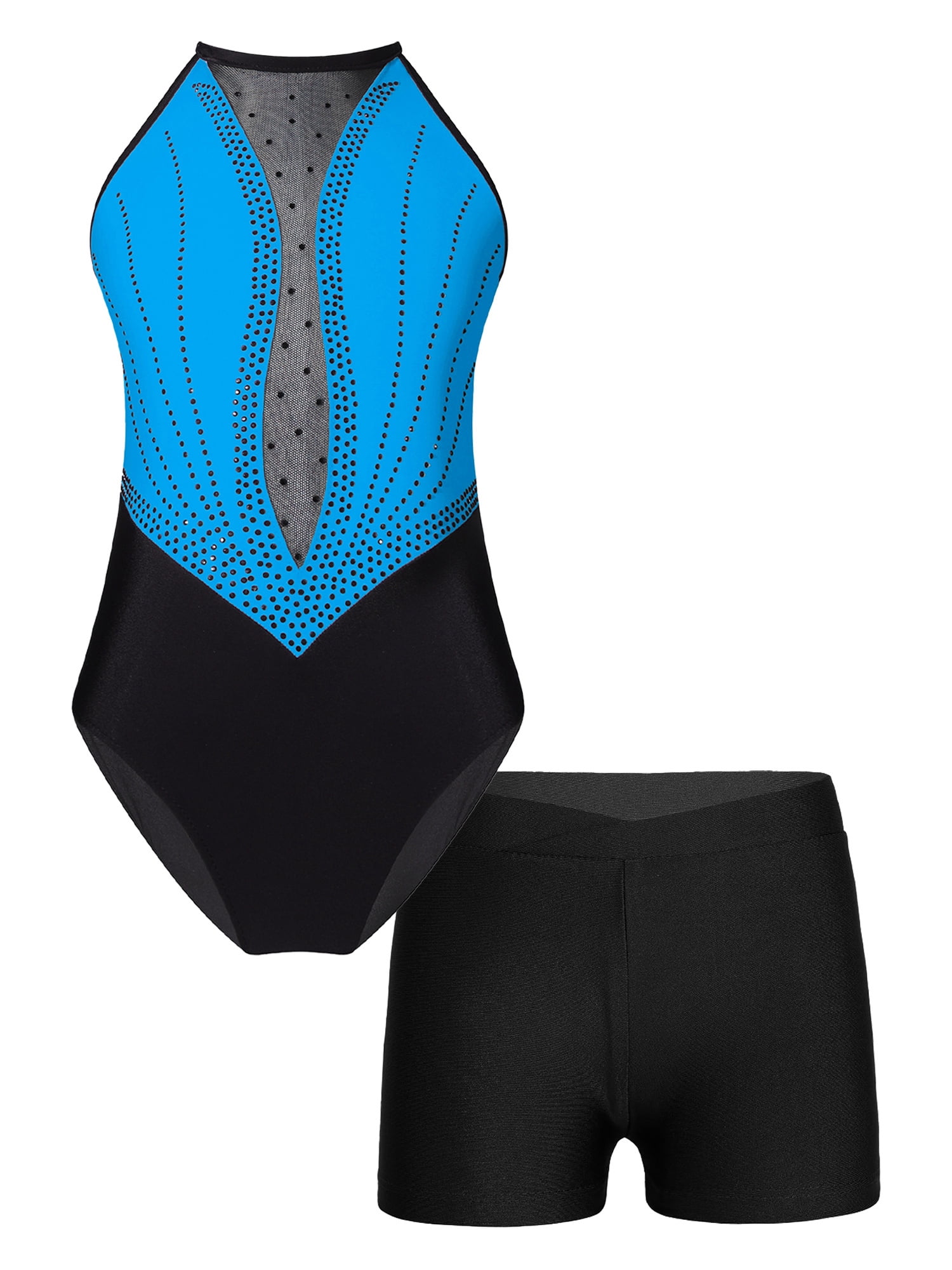 CHICTRY Kids Girls Sleeveless Shiny Rhinestones Patchwork Leotard with Shorts Dance Suit Workout ...