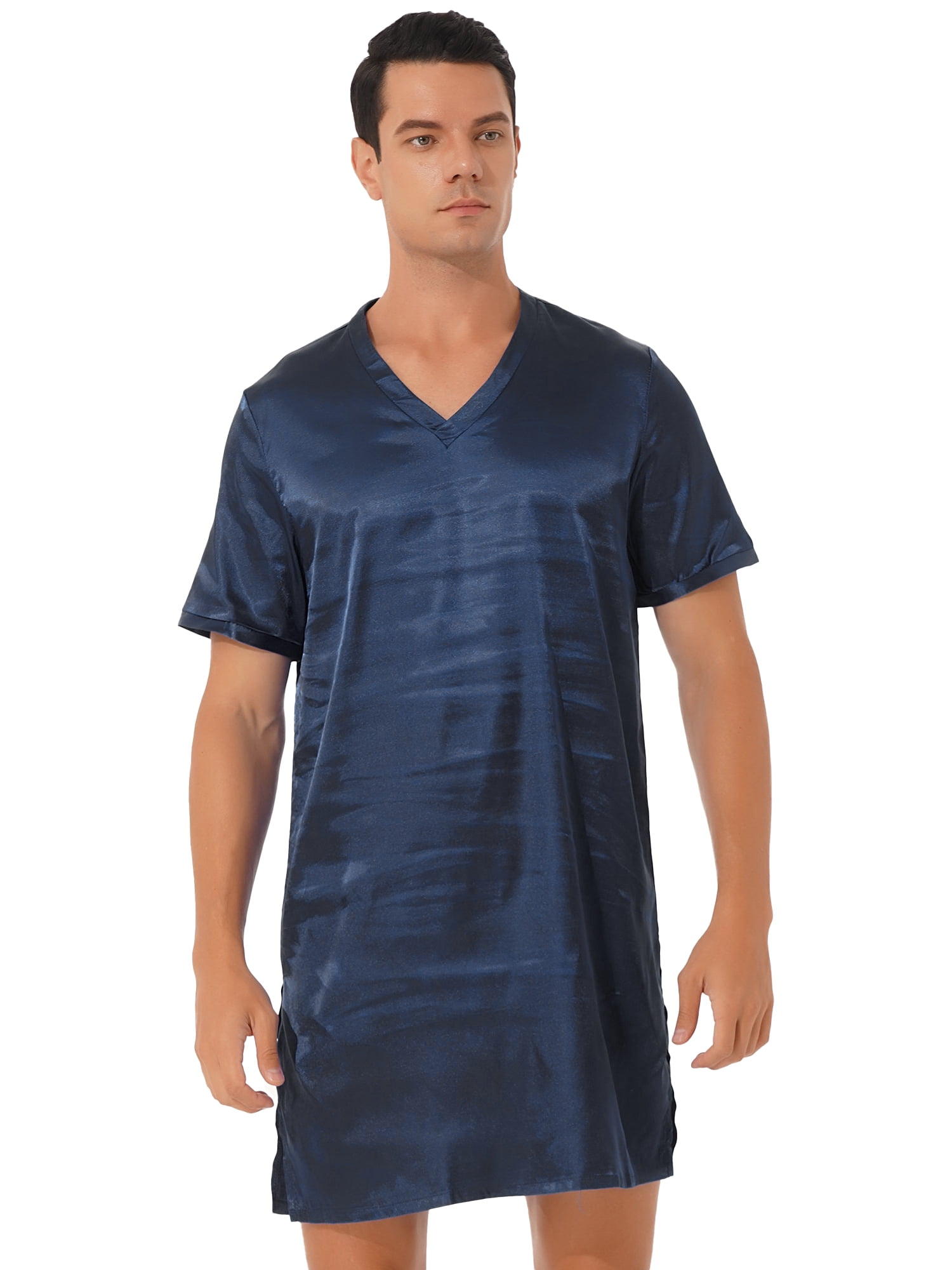 CHICTRY Mens Satin Soft Nightgown Sleepwear Short Sleeve Lounging Wear ...