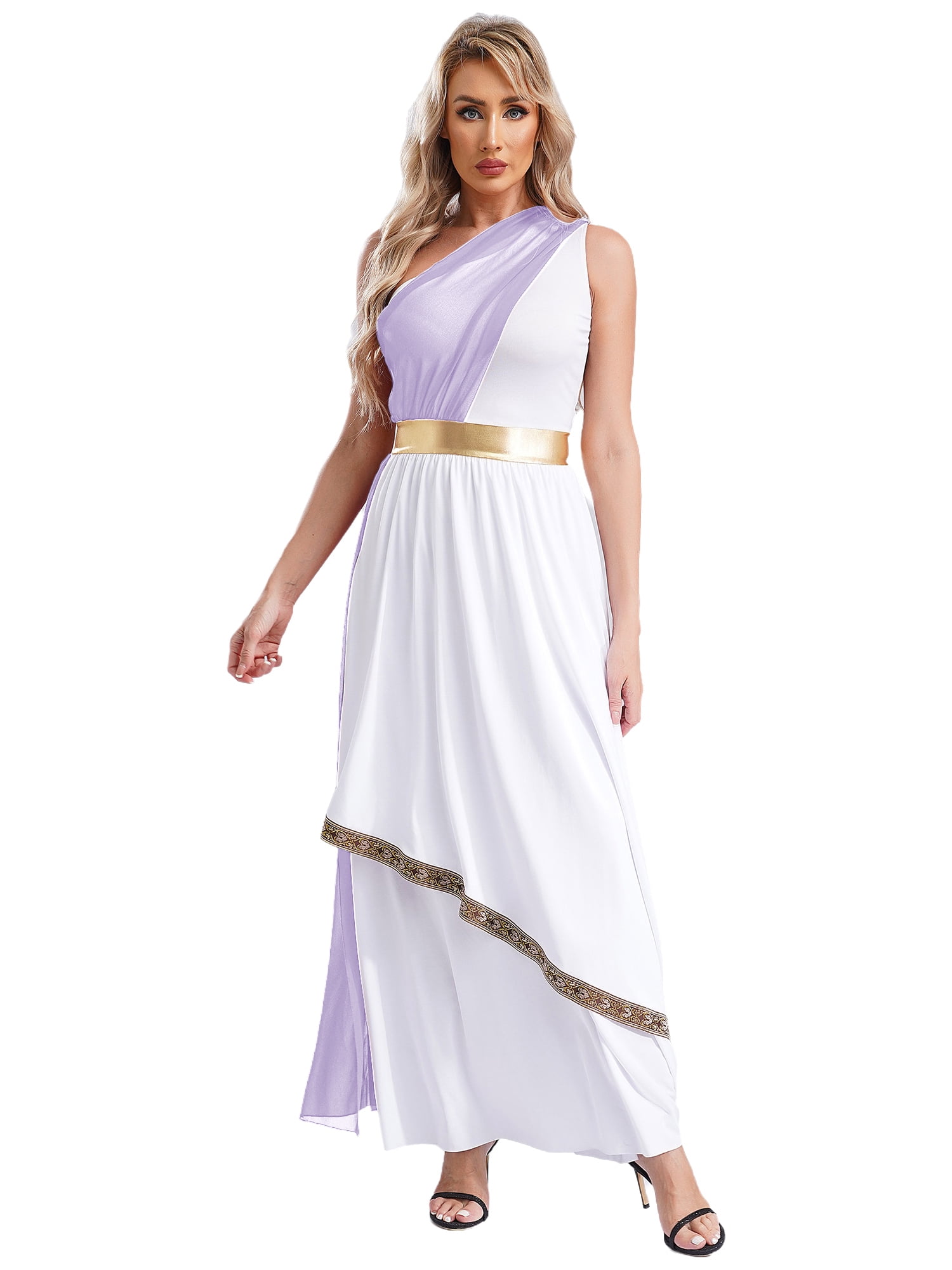 CHICTRY Women Greek Toga Roman Hero Queen Tunic One Shoulder Ruffles Maxi Gown Dress Lavender ...
