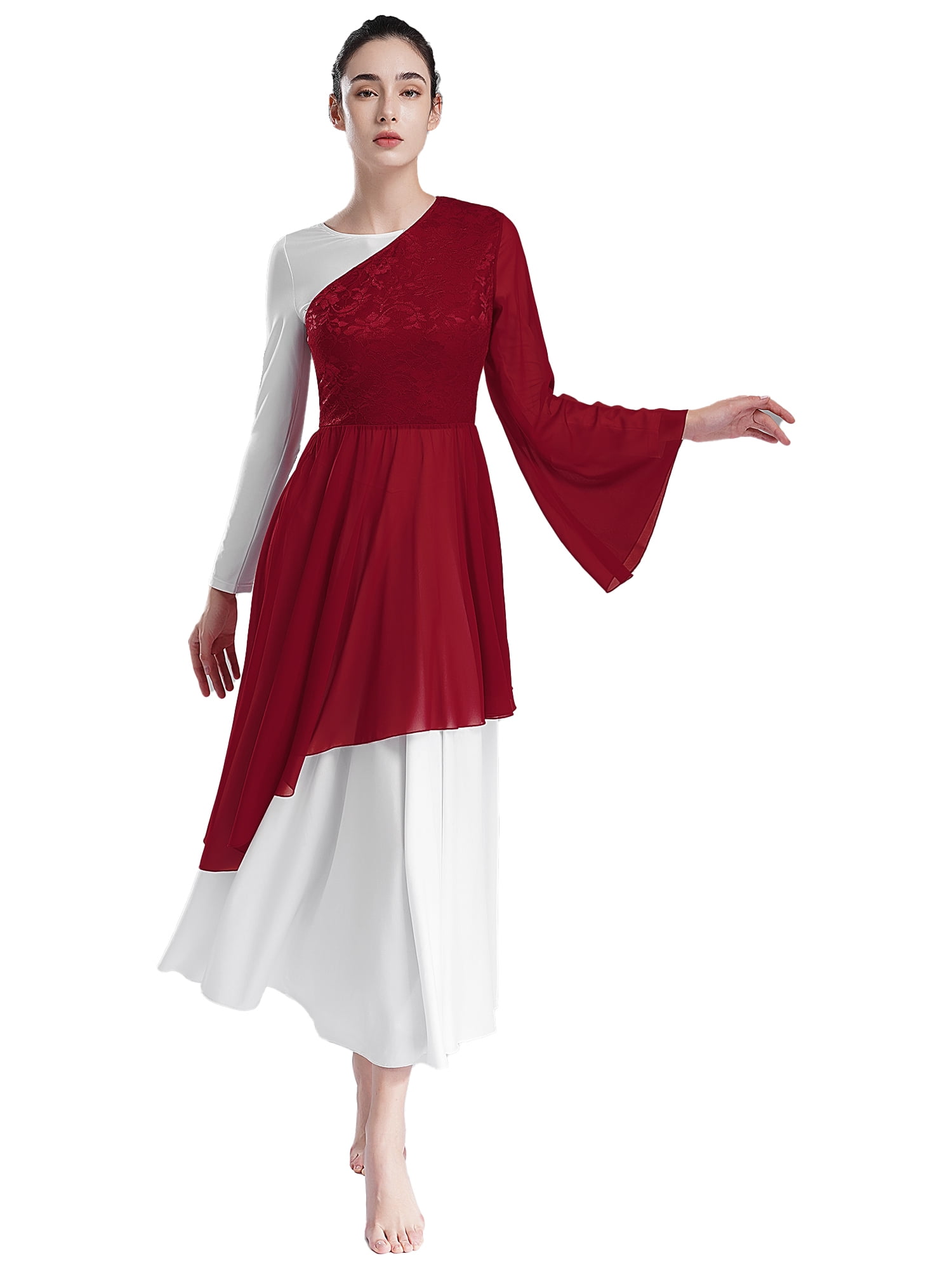 CHICTRY Women Lace Top Bell One Sleeve Lyrical Dance Dress Church Choir ...