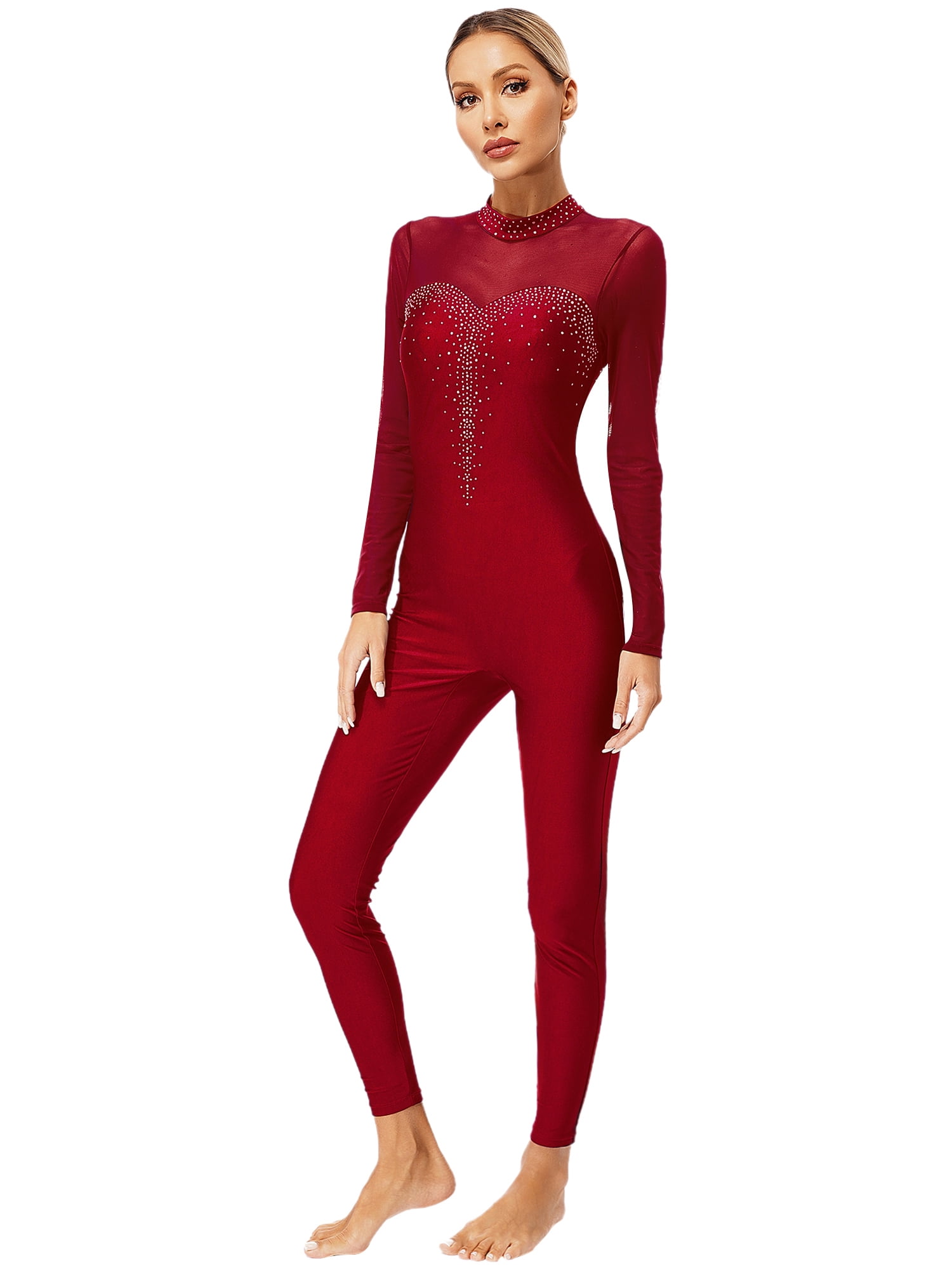 CHICTRY Women Shiny Rhinestone Mesh Keyhole Back Full Body Unitard ...