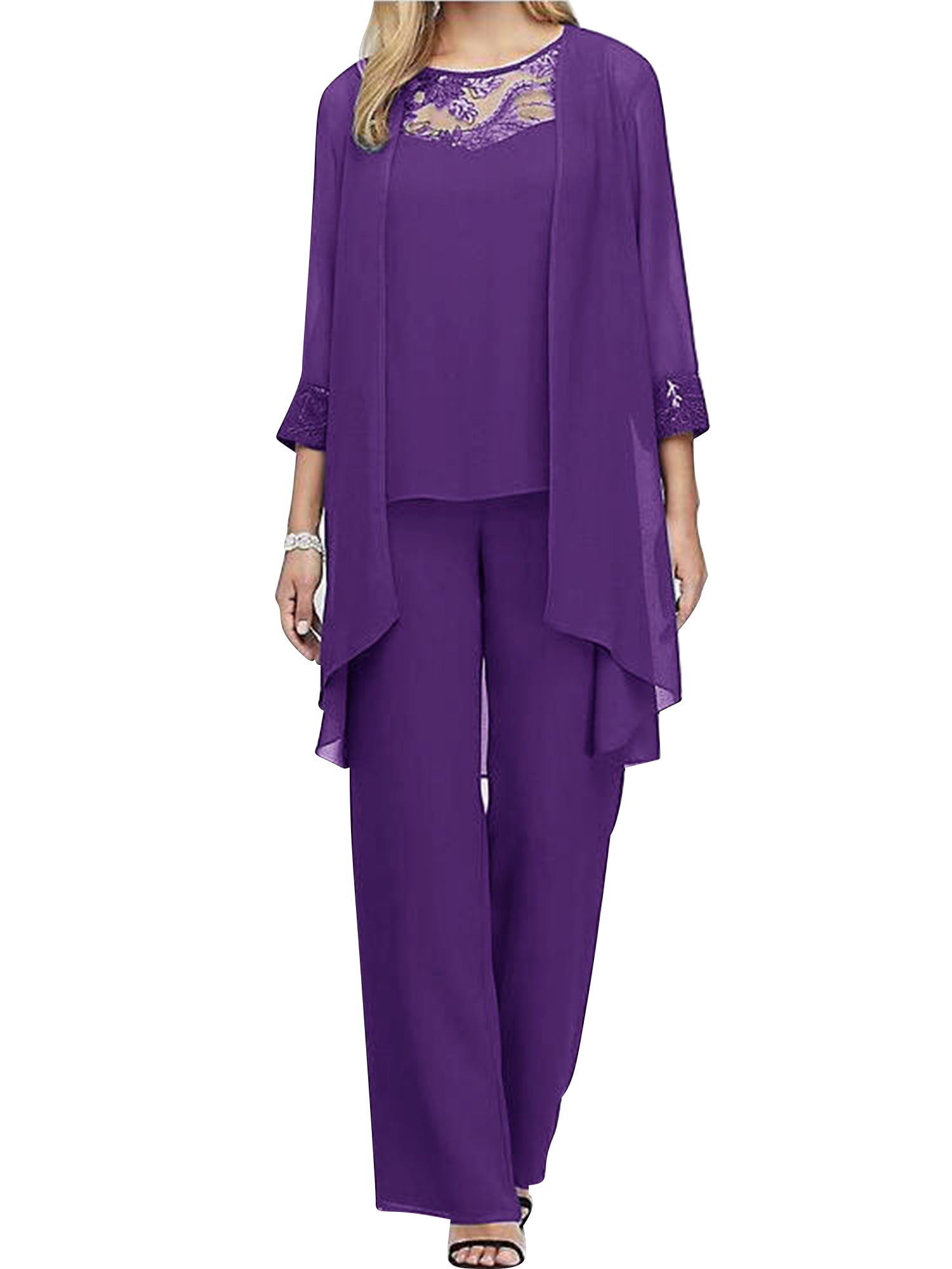 CHICTRY Womens Chiffon Pant Suits 3Pcs Formal Party Outfit Mother of ...