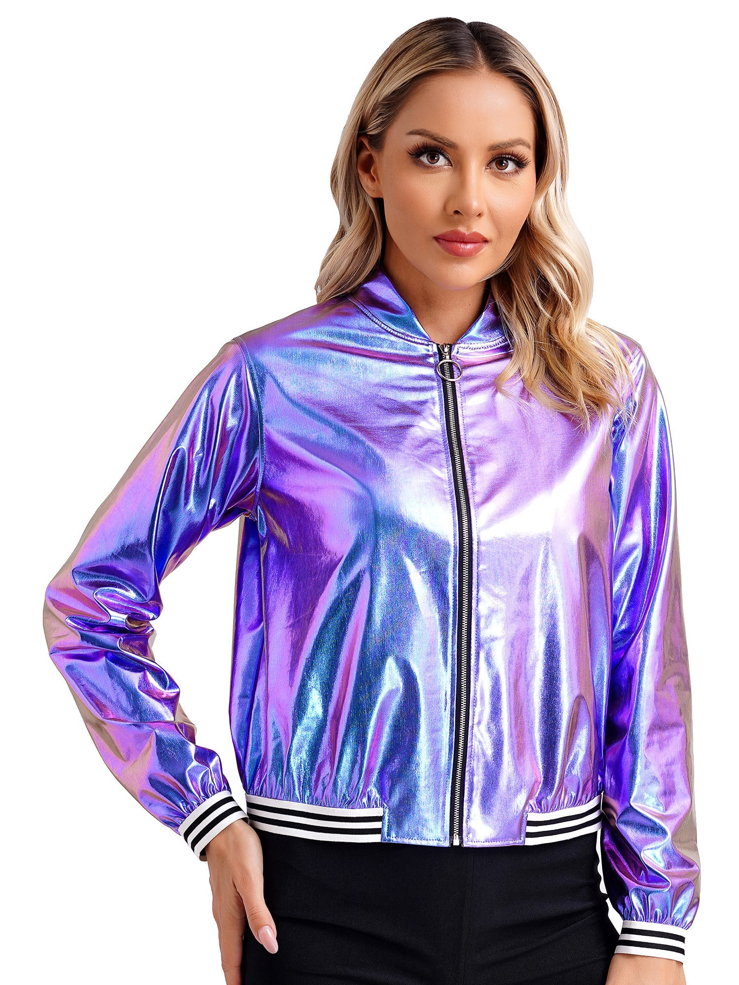 CHICTRY Womens Shiny Metallic Bomber Jacket Holographic Long Sleeve ...